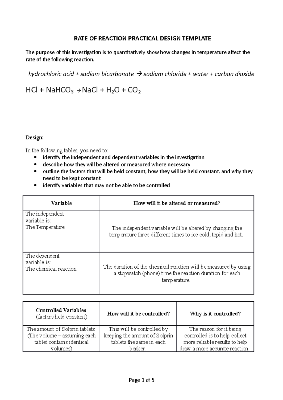 Rate of Reaction Design Template - CHEM1201 - Flinders - Studocu