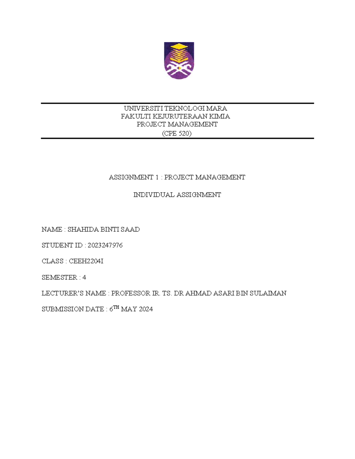 Shahida Binti SAAD 2023247976 CEEH2204I Assignment 1 CPE 520 ...