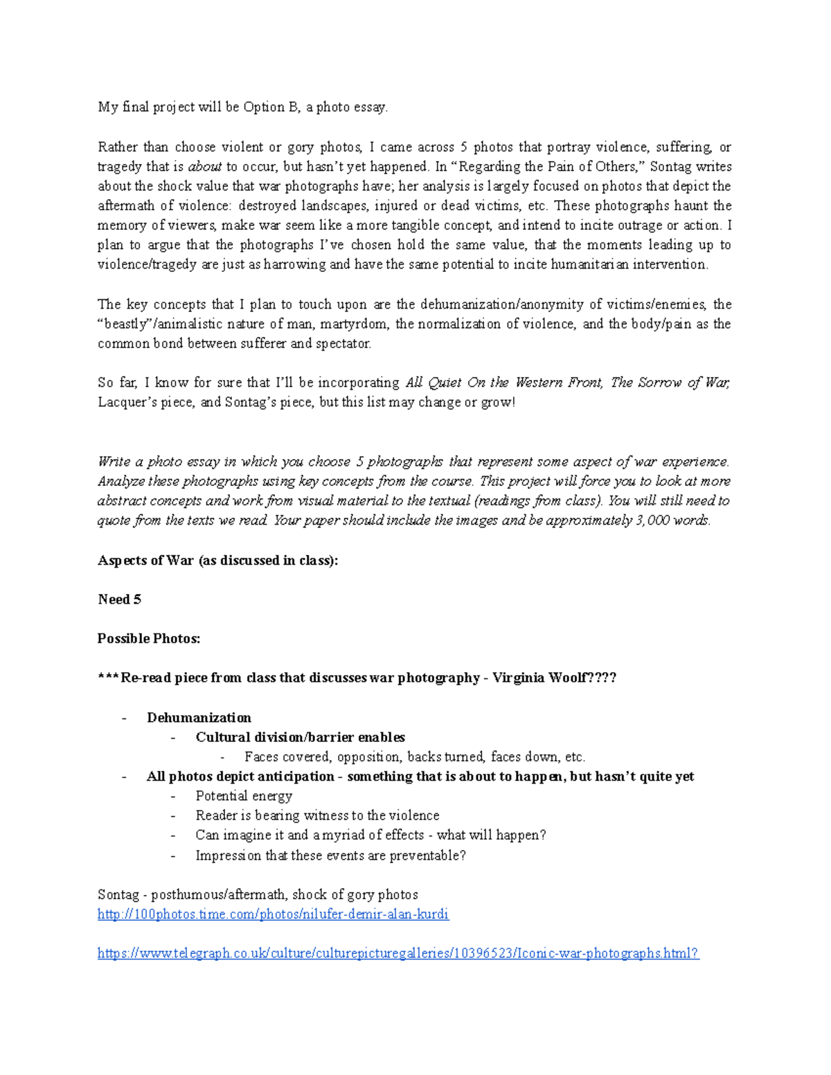 Final Paper Brainstorm - My final project will be Option B, a photo ...