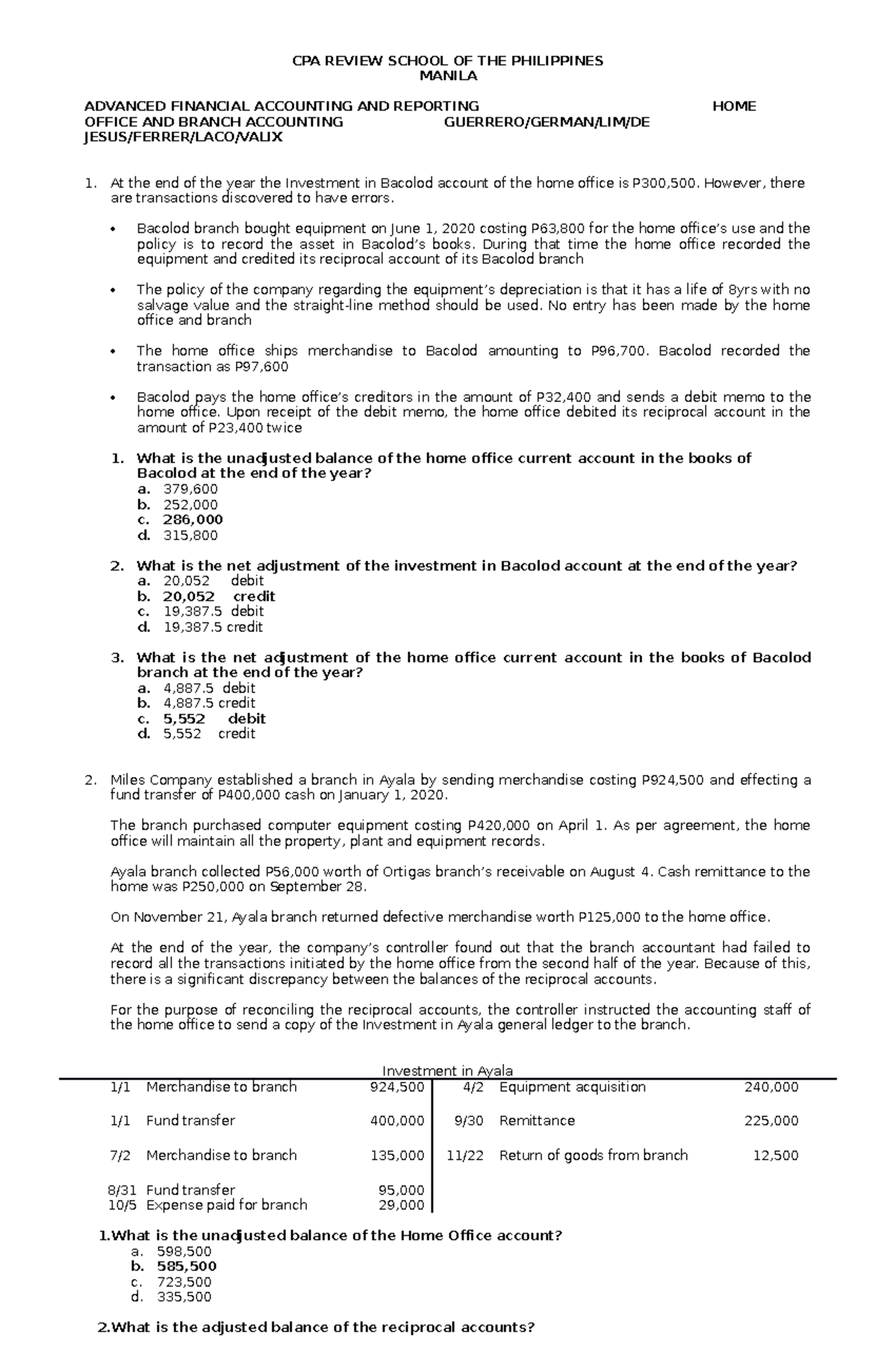 HOBR - Worksheet - CPA REVIEW SCHOOL OF THE PHILIPPINES MANILA ADVANCED ...