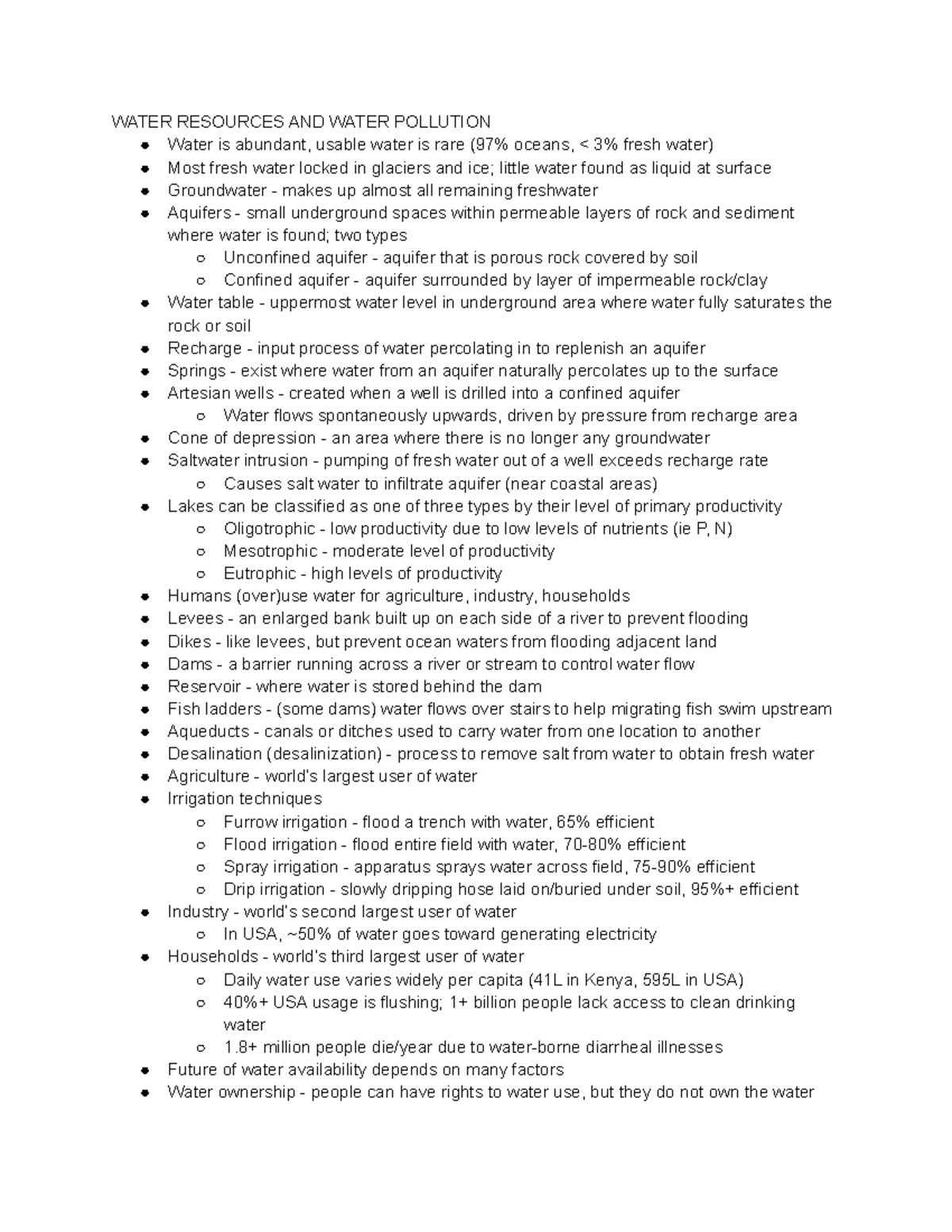 NRE1000 CH9 - Lecture notes ch9 - WATER RESOURCES AND WATER POLLUTION ...