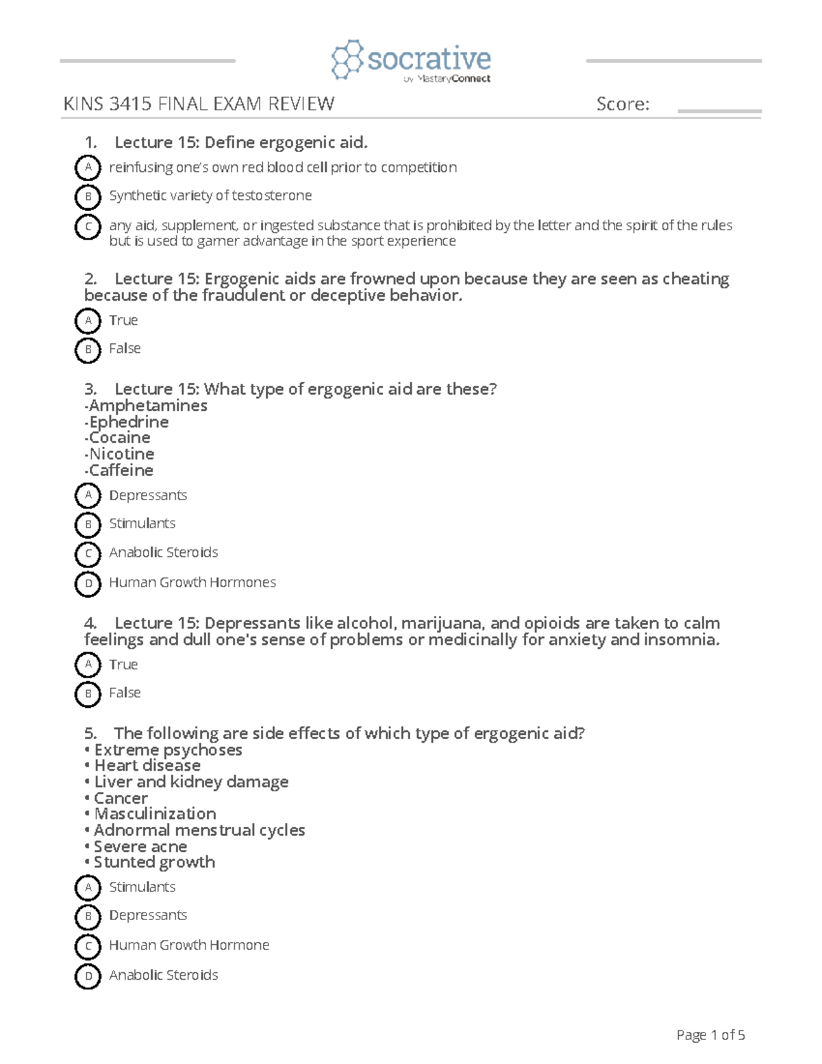 Quiz KINS 3415 Final Exam Review Practice Questions - KINS 3415 FINAL ...