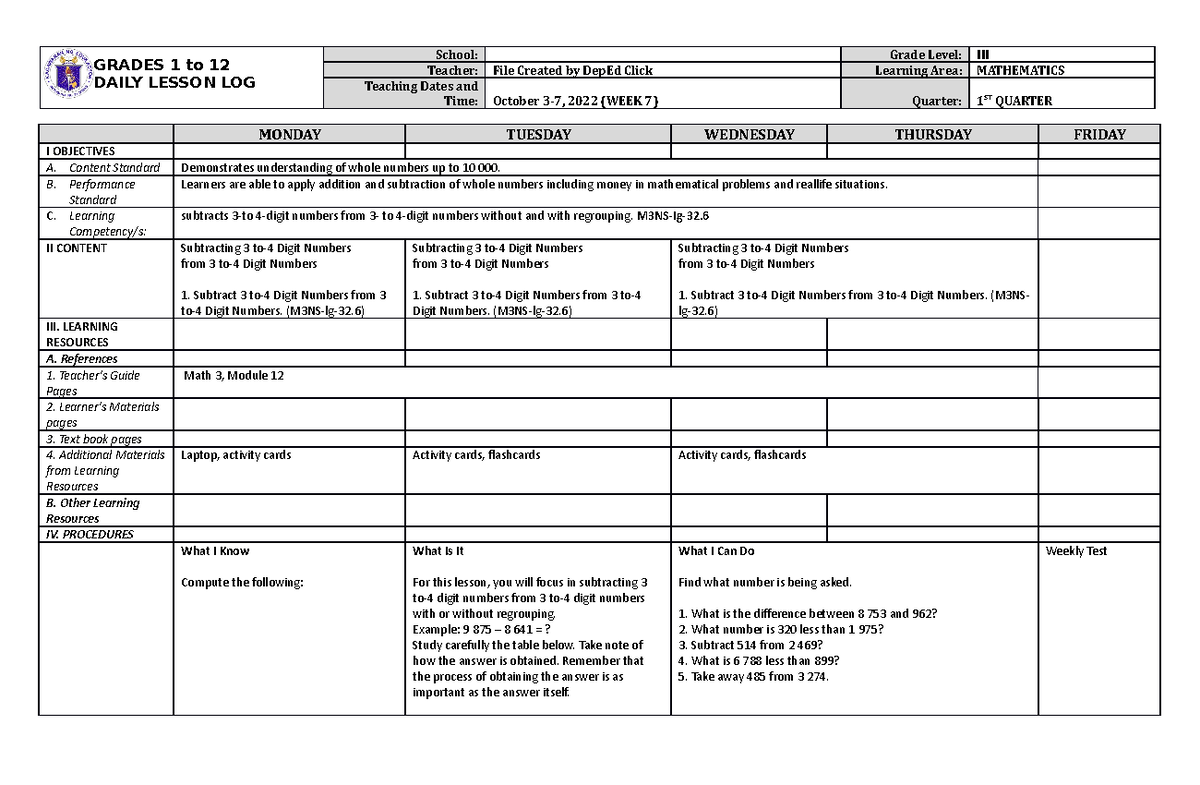 DLL Mathematics 3 Q1 W7 - GRADES 1 to 12 DAILY LESSON LOG School: Grade ...