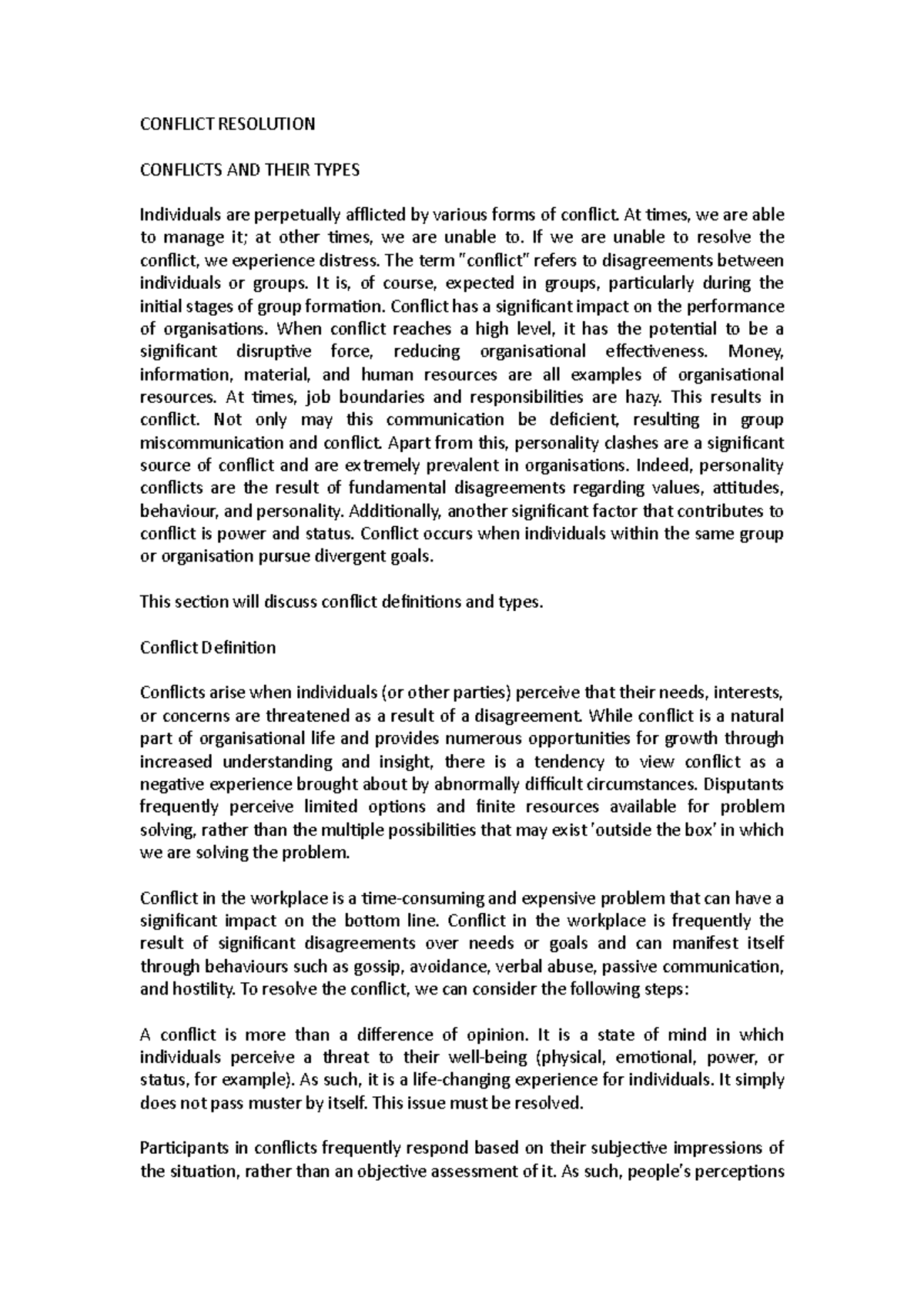 Conflict Resolution - Lecture notes 21 - CONFLICT RESOLUTION CONFLICTS ...