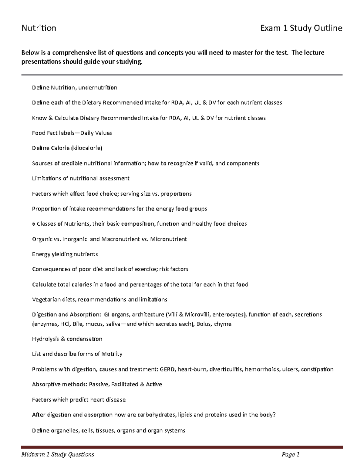 FACS 10 Study Guide - Nutrition Exam 1 Study Outline Below is a ...