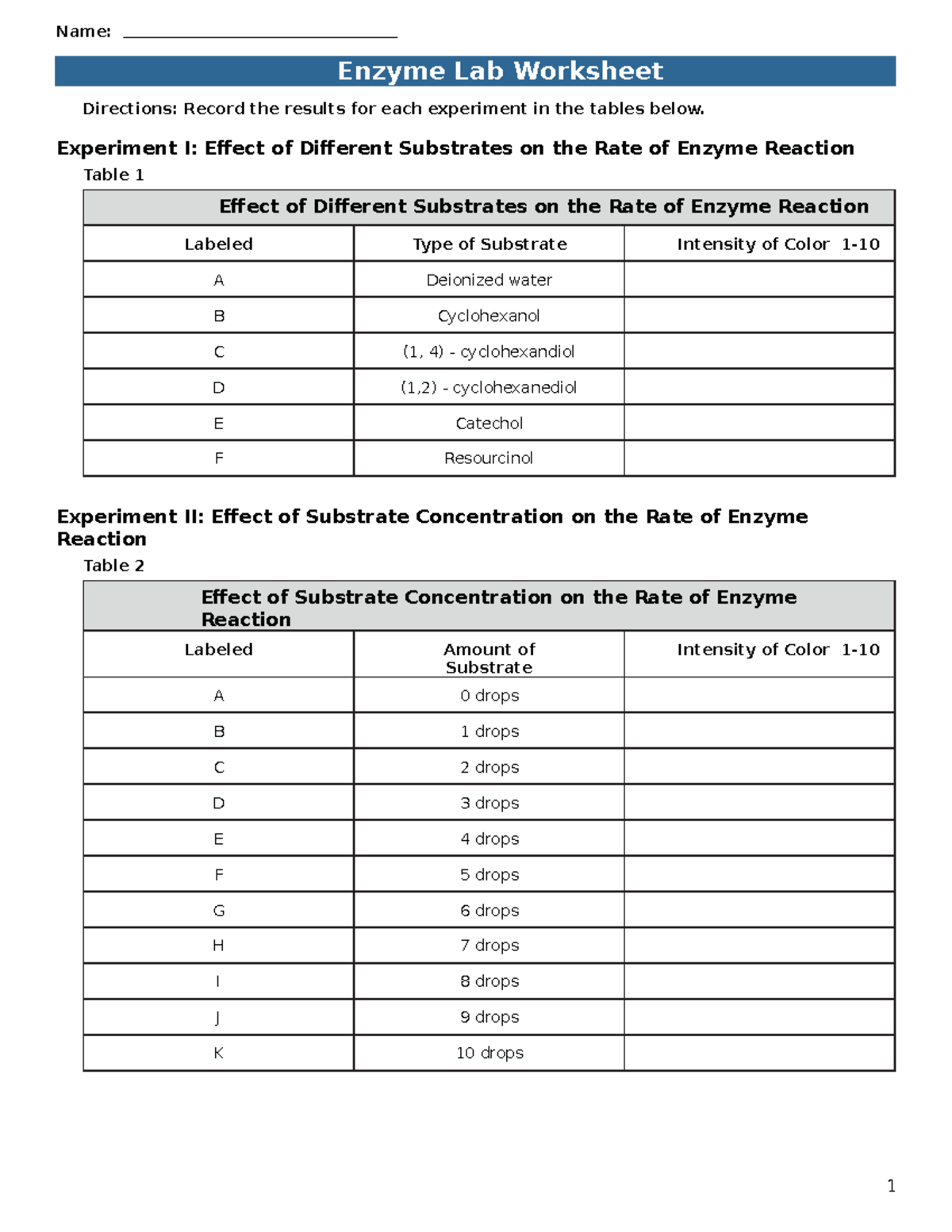 7 Enzyme Lab Worksheet - Directions: Record the results for each ...