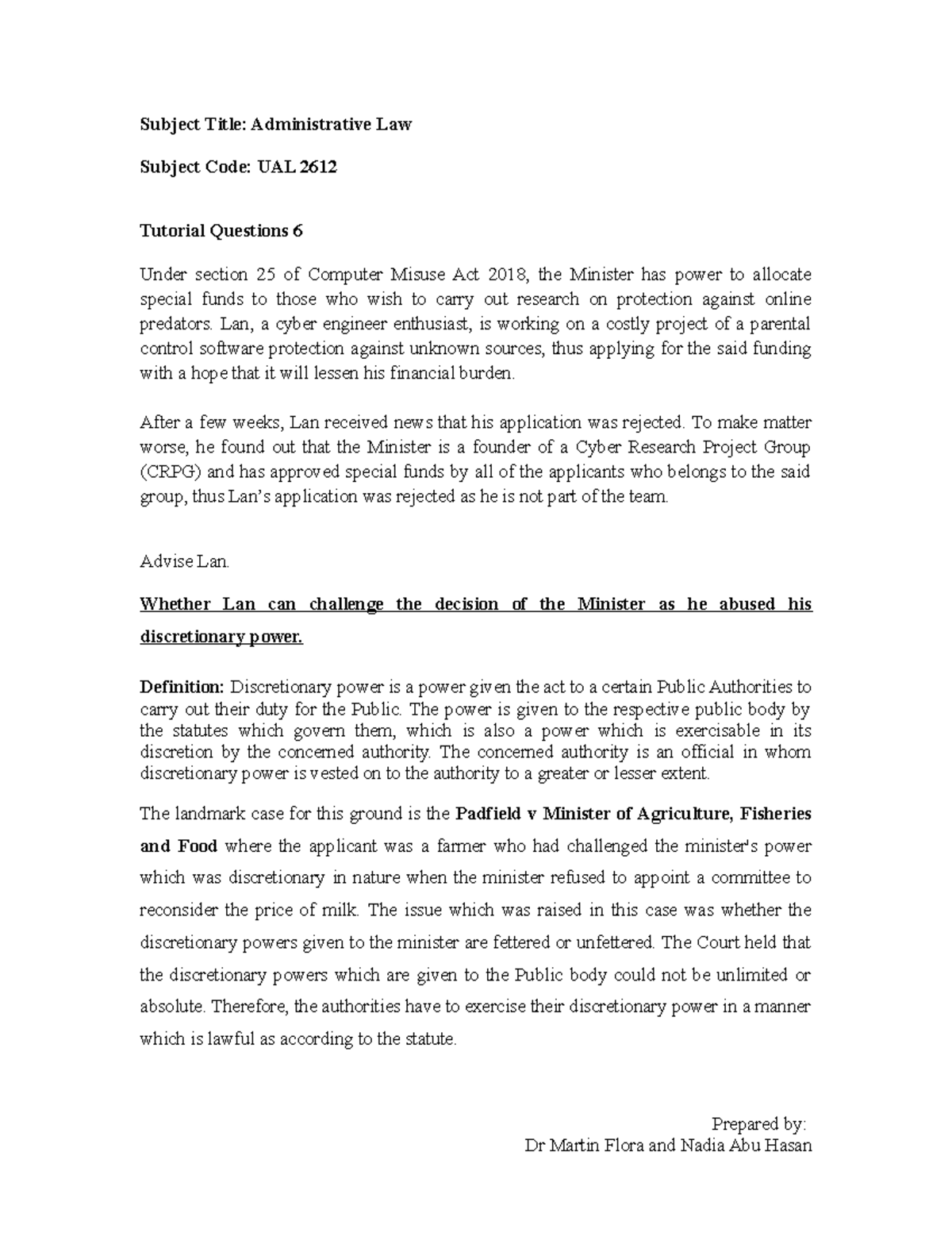 Admin TUTO6 - Subject Title: Administrative Law Subject Code: UAL 2612 ...