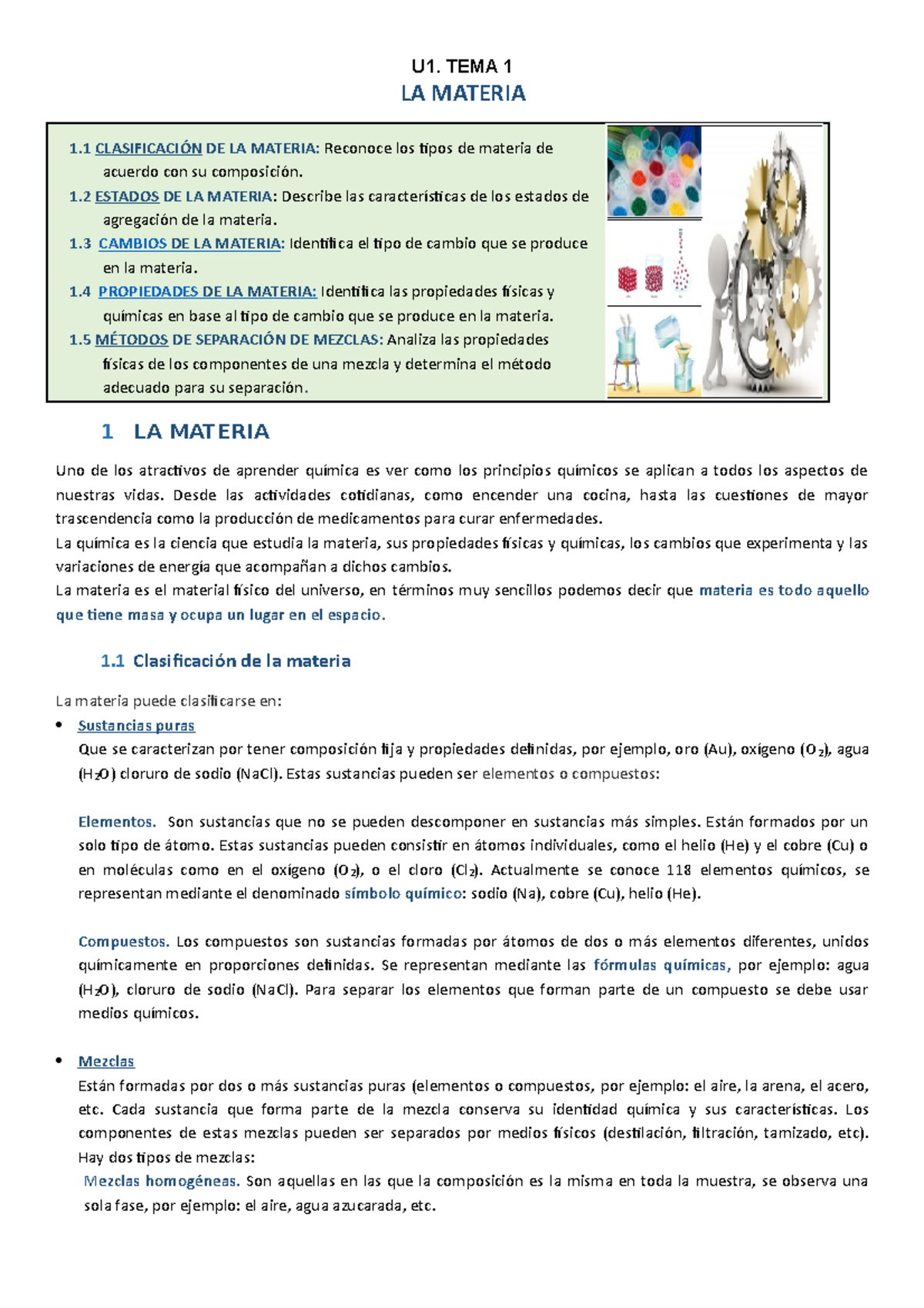 Materia - U1. TEMA 1 LA MATERIA 1 CLASIFICACIÓN DE LA MATERIA: Reconoce ...