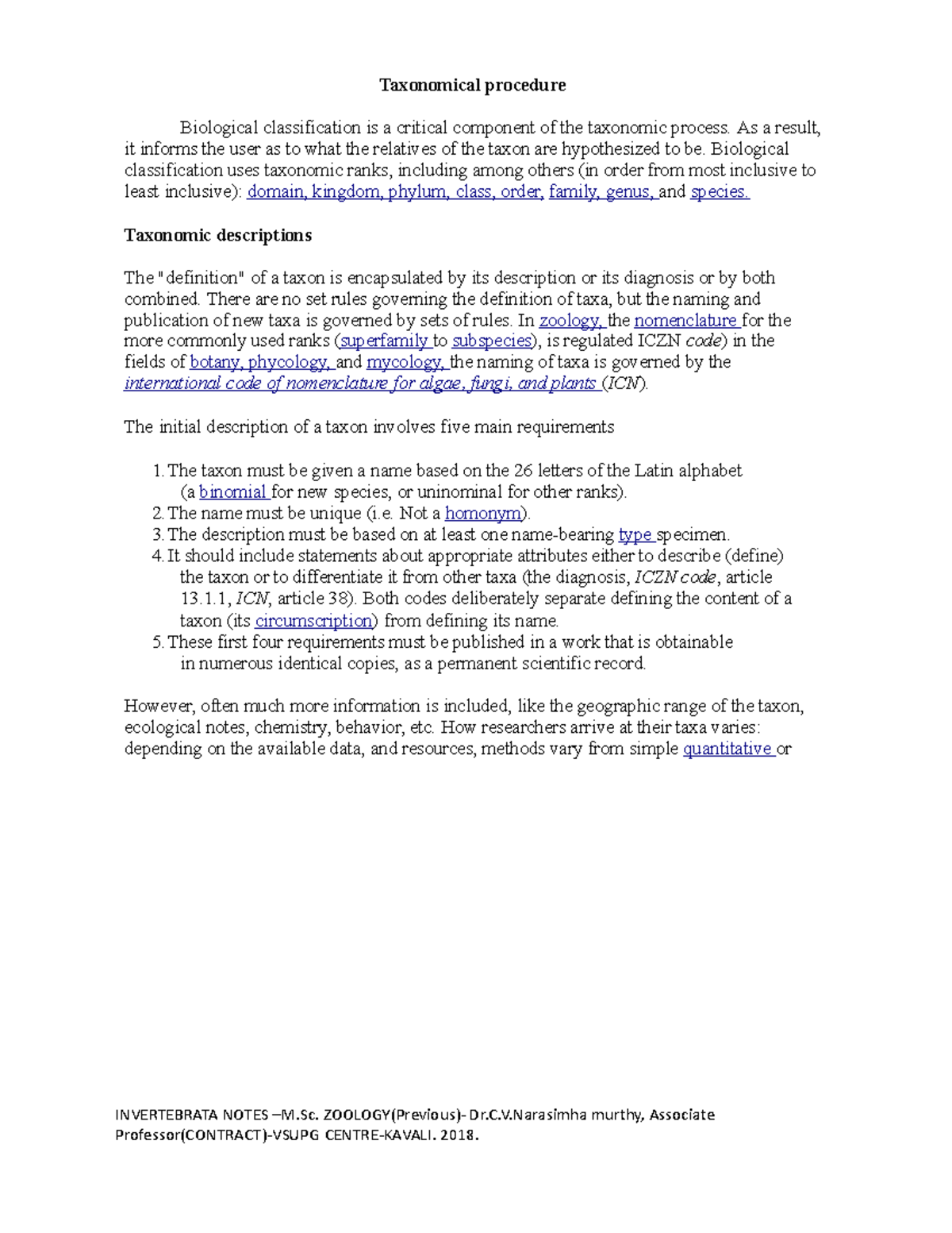 Taxonomical procedure - INVERTEBRATA NOTES –M. ZOOLOGY(Previous)- Dr.C ...