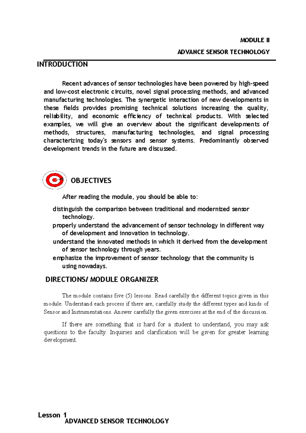 Module 2 Lesson 1 Advanced Sensor Technology - MODULE II ADVANCE SENSOR ...