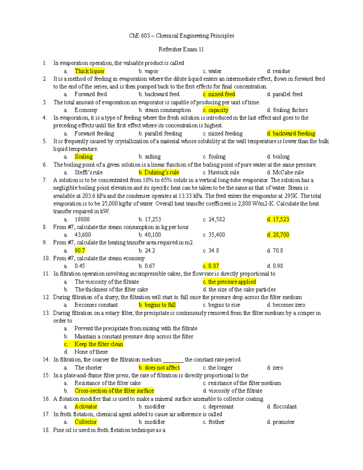 Exam 11 2018, questions and answers - ChE 603 – Chemical Engineering ...