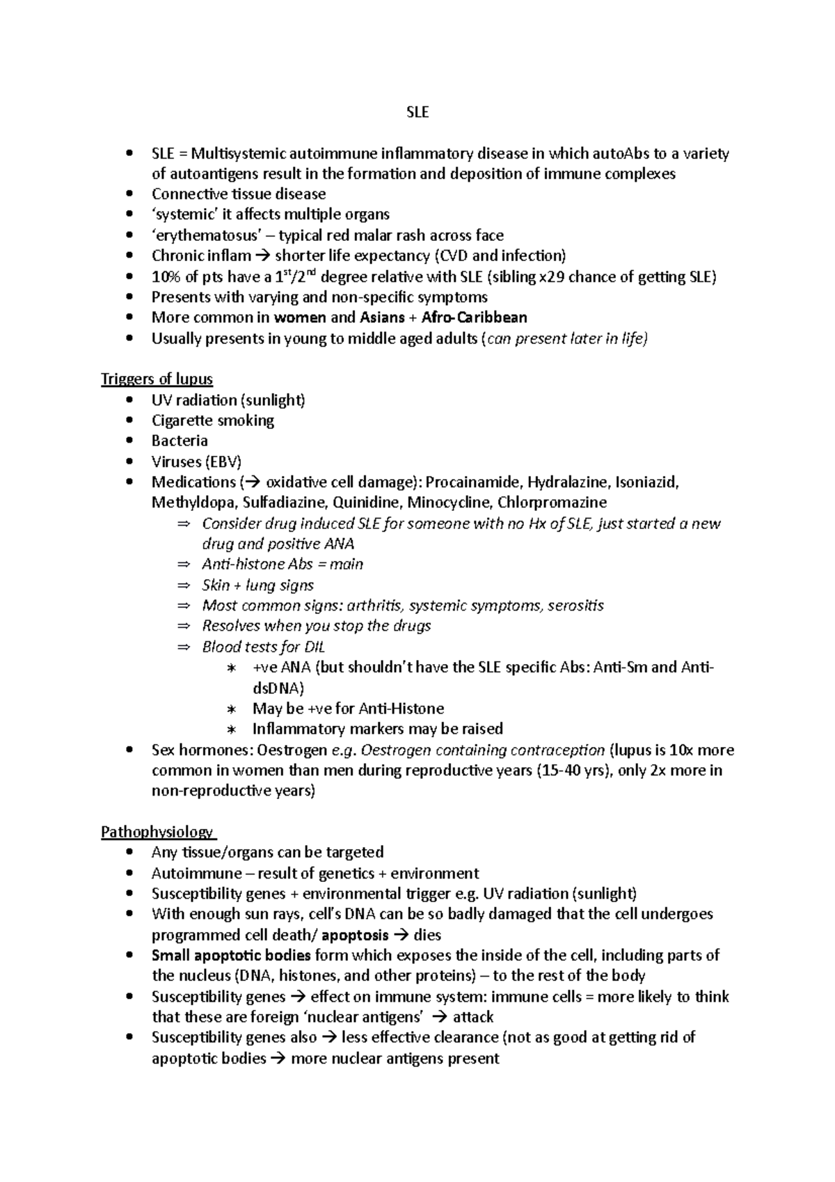 systemic lupus erythematosus notes - SLE SLE = Multisystemic autoimmune ...