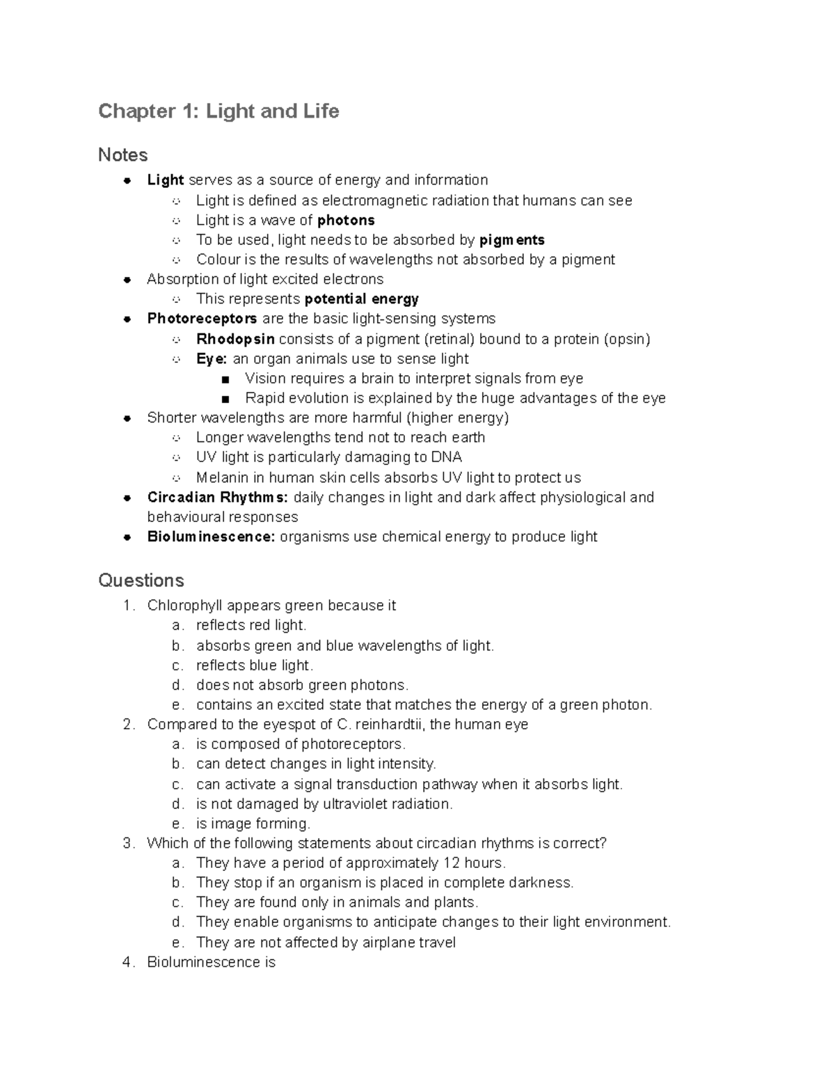 Midterm Study Guide - Chapter 1: Light and Life Notes Light serves as a ...