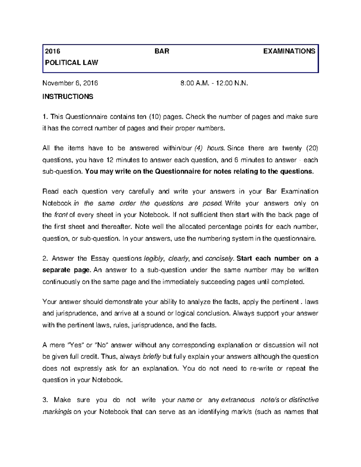 2016 BAR Examinations - Lecture notes 1-10 - 2016 BAR EXAMINATIONS ...