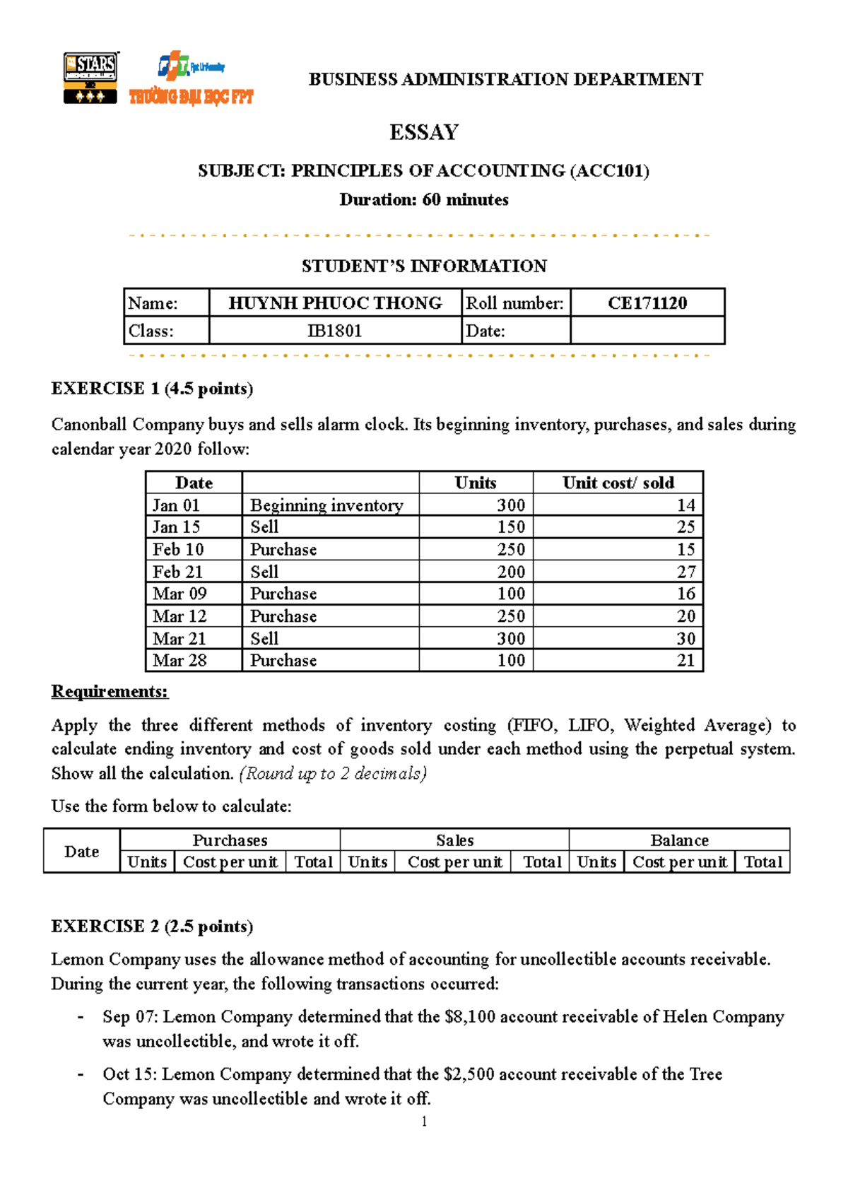 FA23 Essay - ACC - BUSINESS ADMINISTRATION DEPARTMENT ESSAY SUBJECT ...
