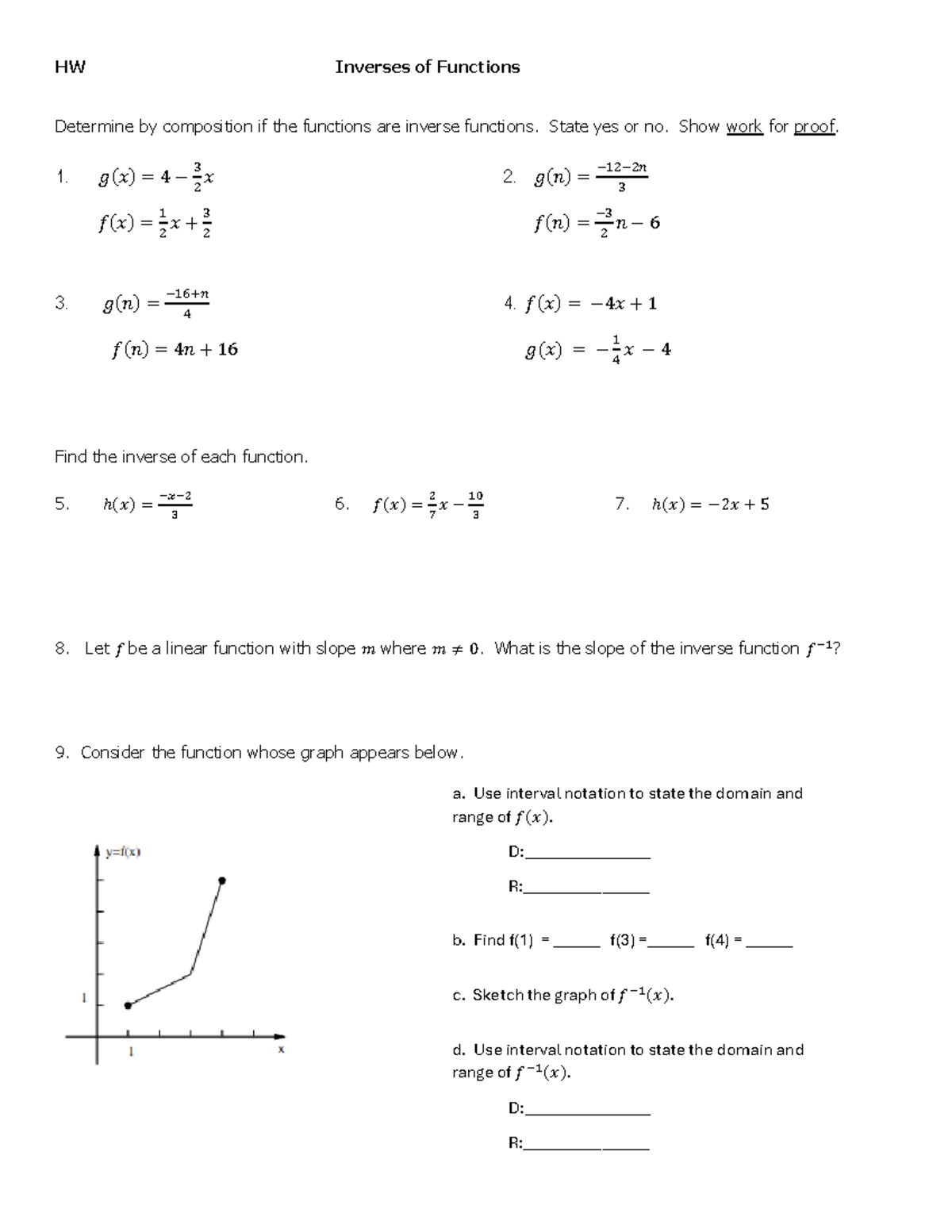 HW Inverses of Functions - HW Inverses of Functions Determine by composition if the functions ...