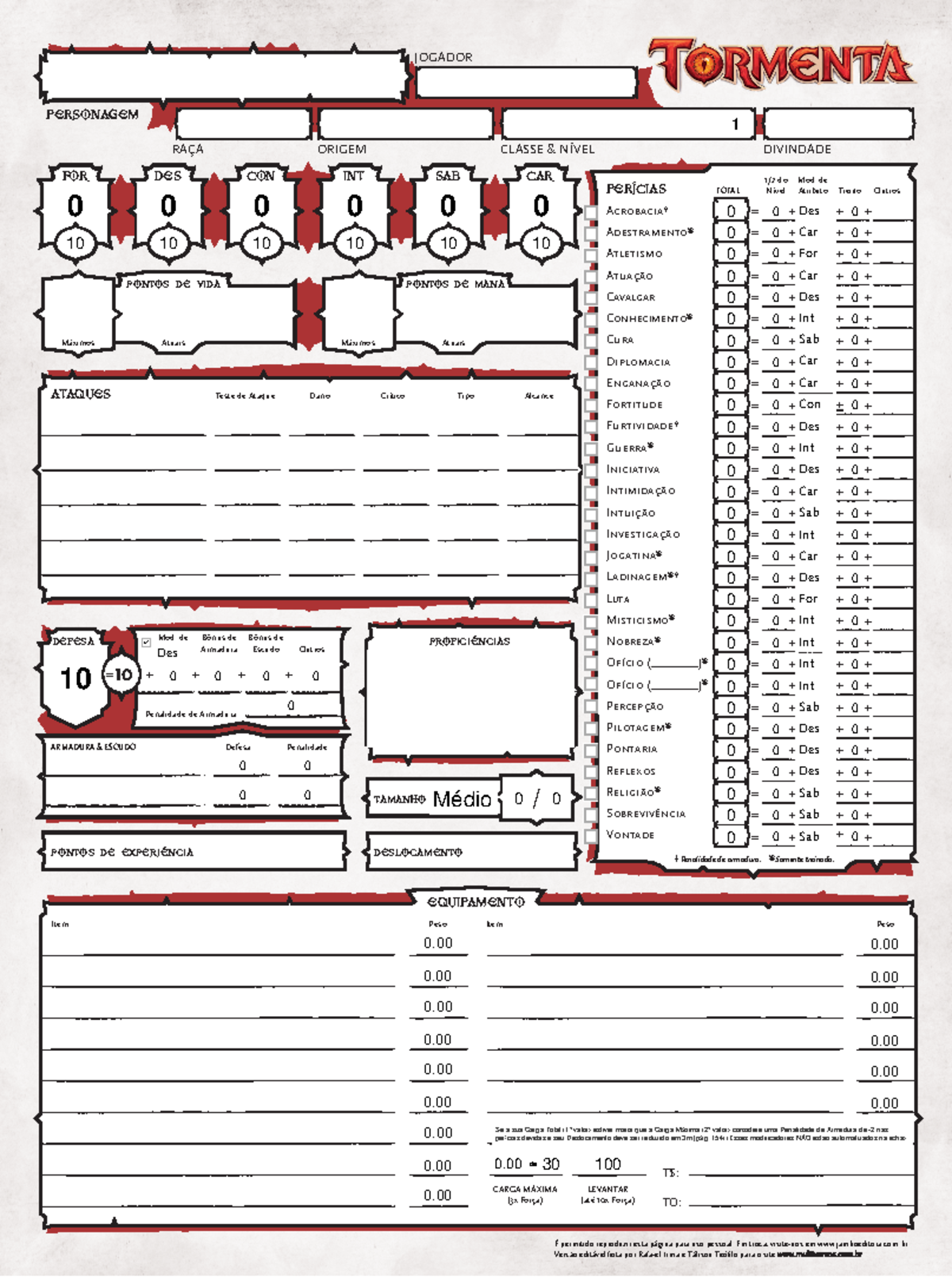 Ficha T20 v - Rpg - / 10 Mod. de Destreza Bônus de DEFESA Armadura ...