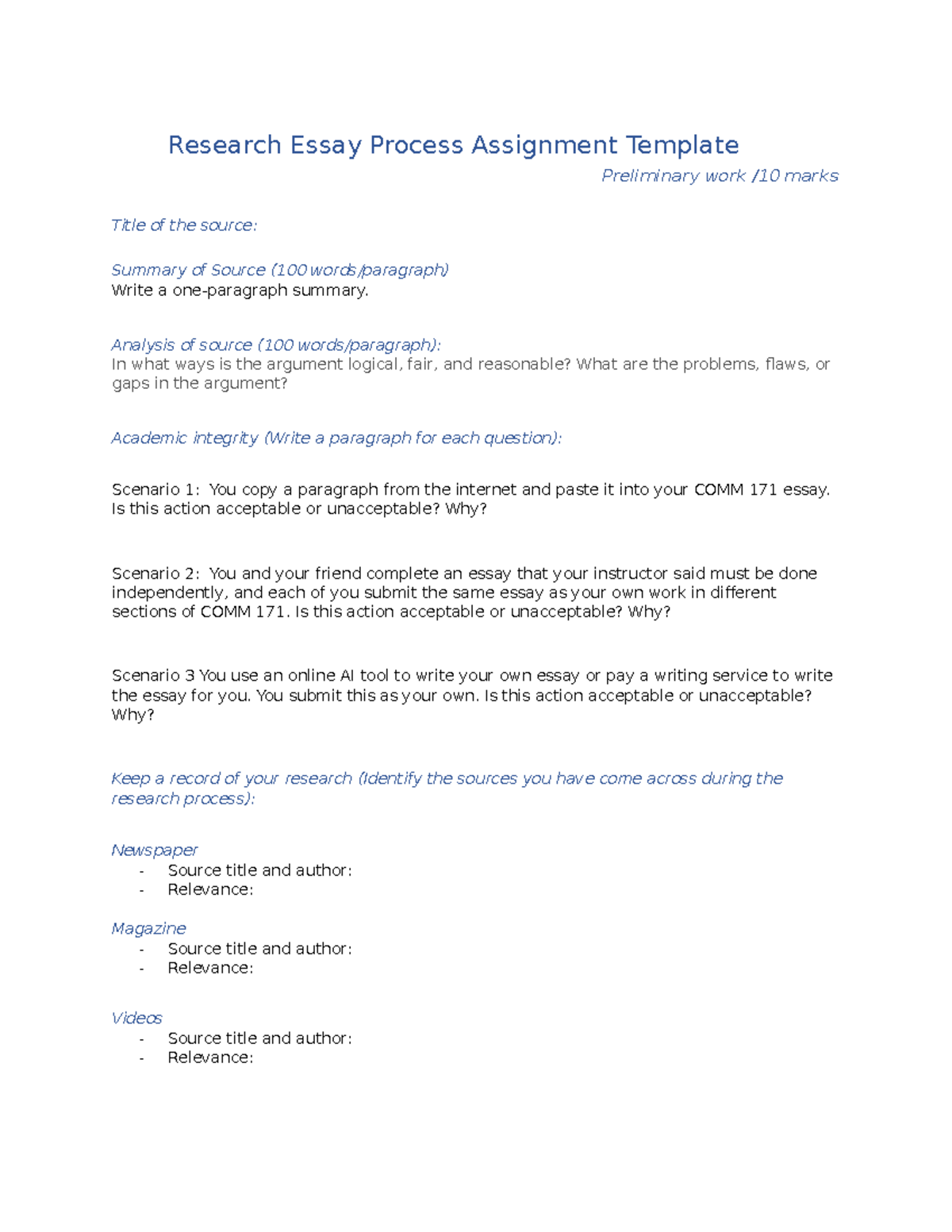 Research Essay Process Assignment Template - Research Essay Process ...