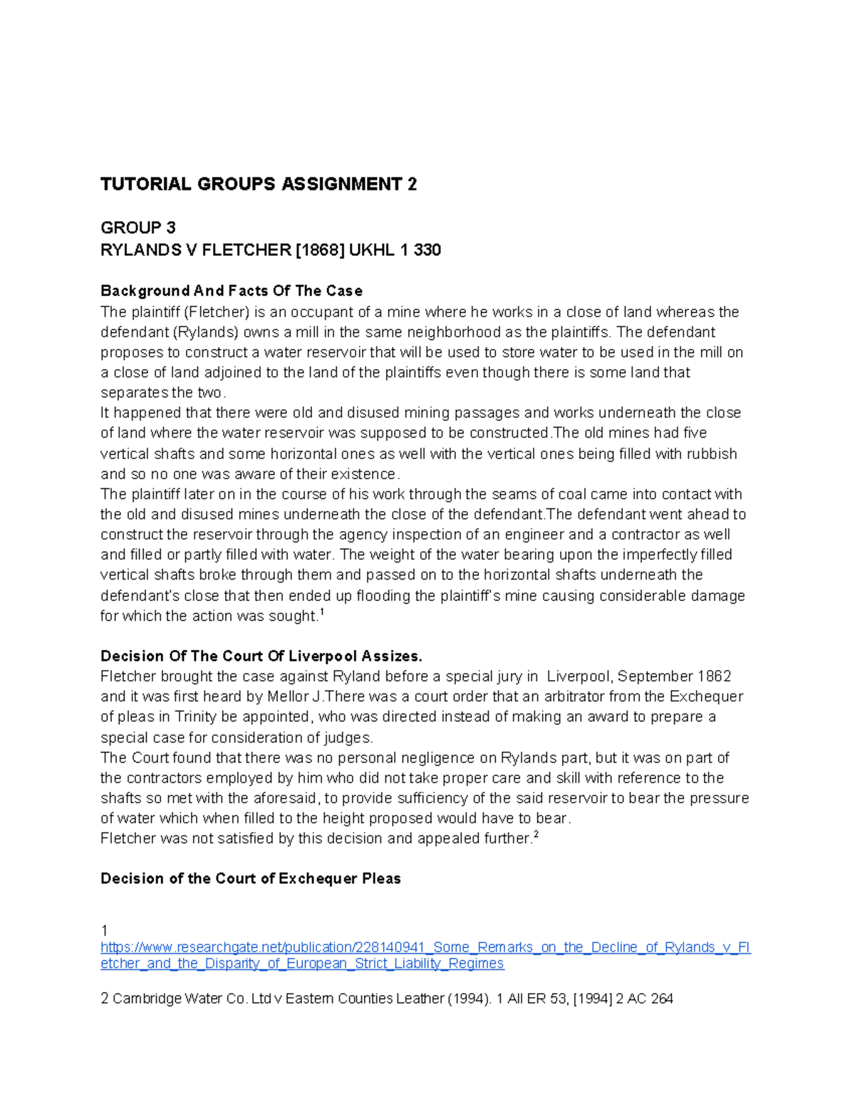 Rylands V Fletcher - TUTORIAL GROUPS ASSIGNMENT 2 GROUP 3 RYLANDS V FLETCHER [1868] UKHL 1 330 ...