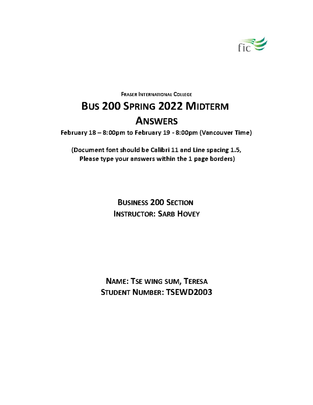 Bus 200 Teresa TSE Spring 2022 Midterm Answers - FRASER INTERNATIONAL ...