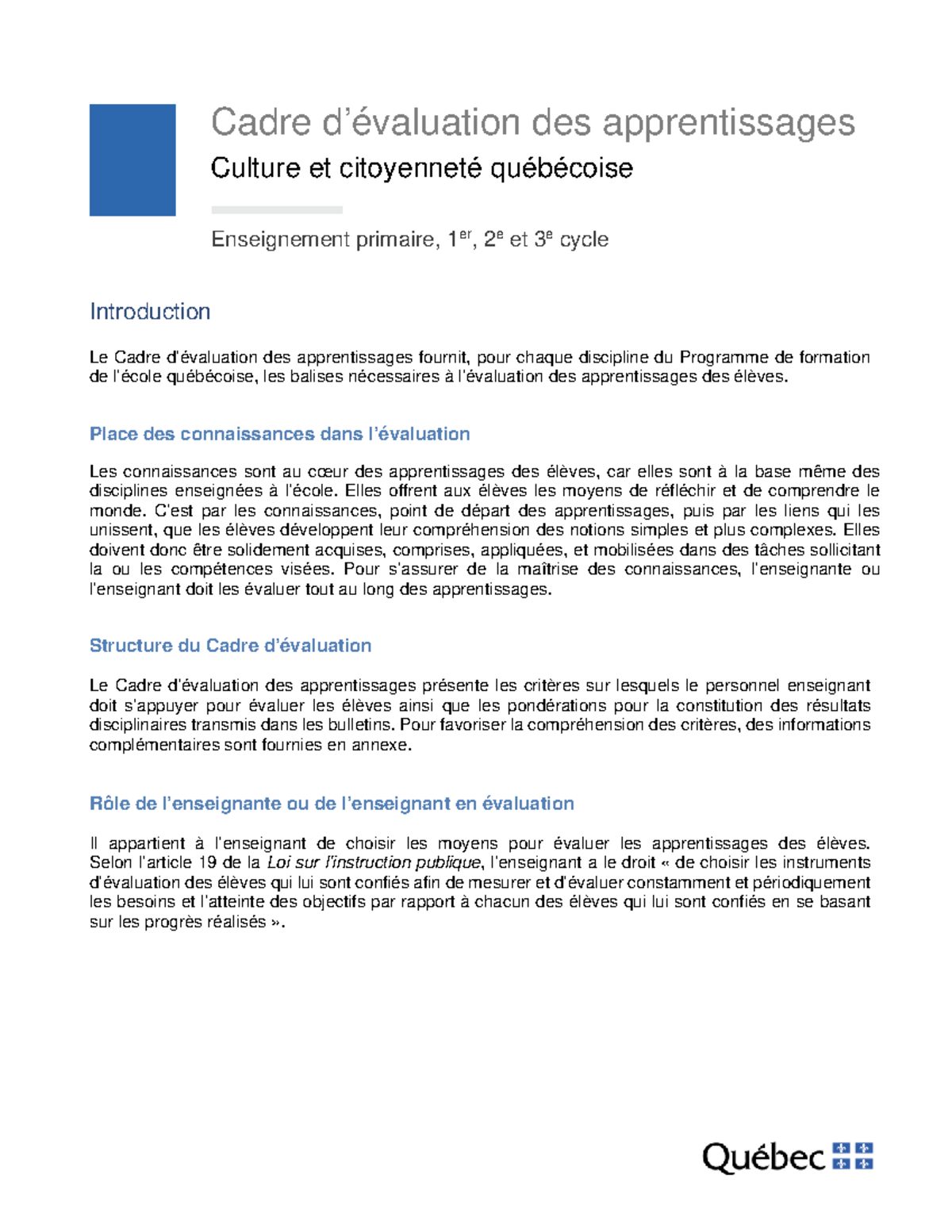 CCQ CE PFEQ Primaire - noite - Cadre d’évaluation des apprentissages ...