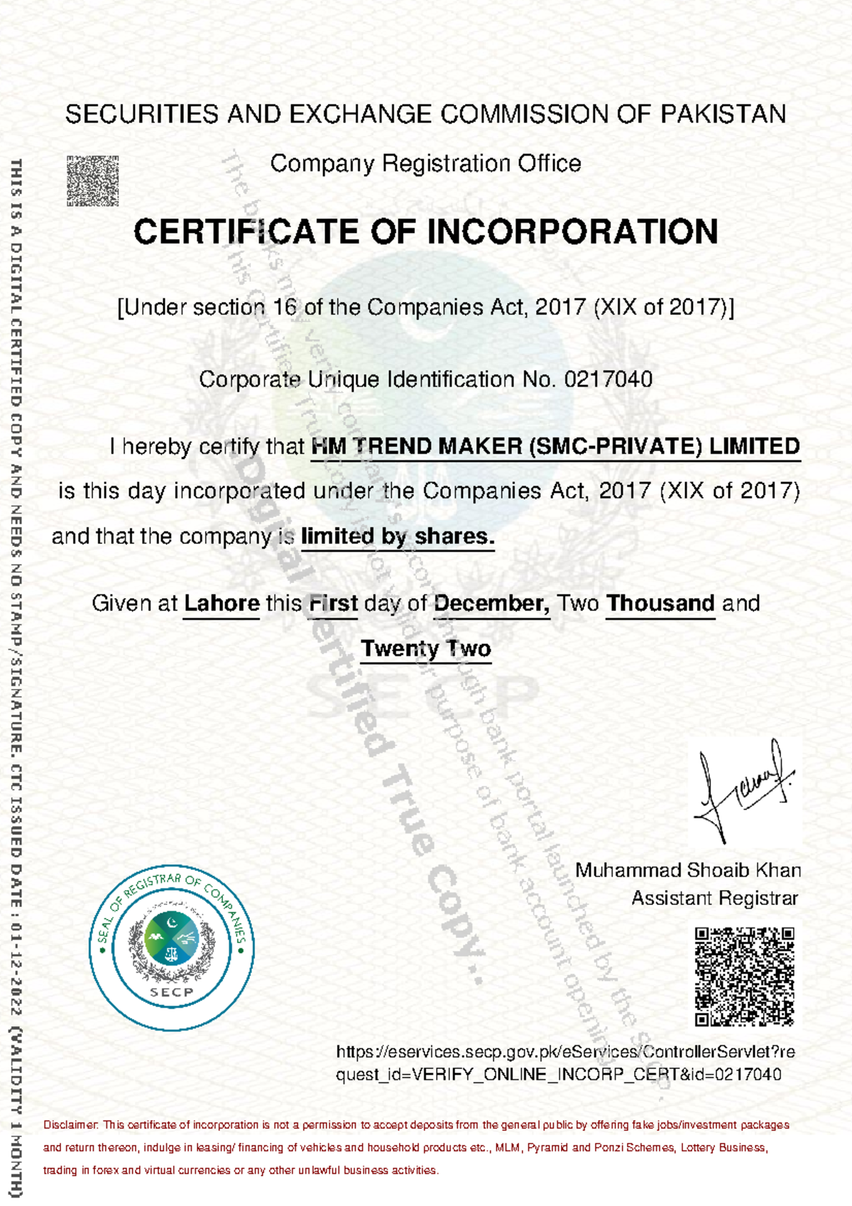 HM Certificate of Incorporation - SECURITIES AND EXCHANGE COMMISSION OF ...