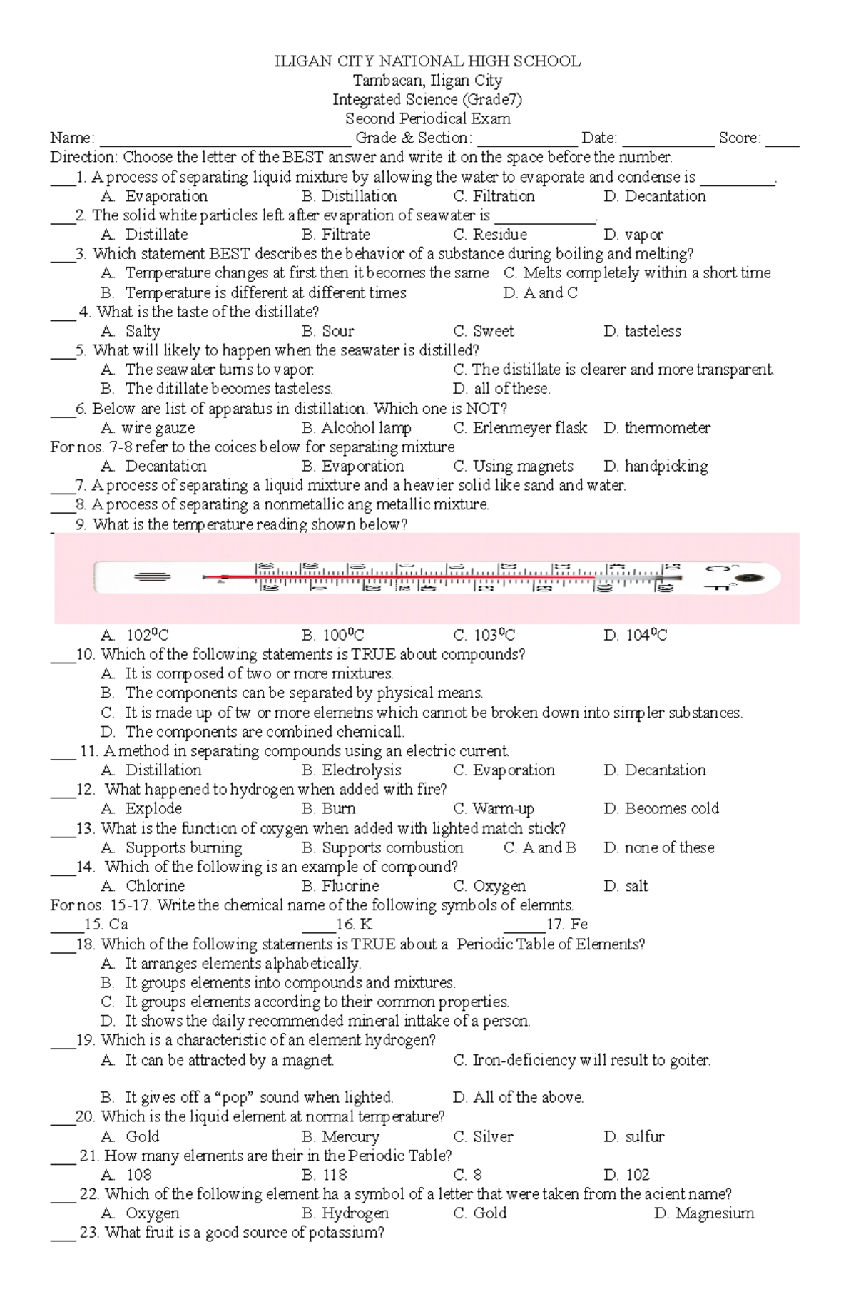 2nd periodical exam - Remedial exam on Biology - ILIGAN CITY NATIONAL ...