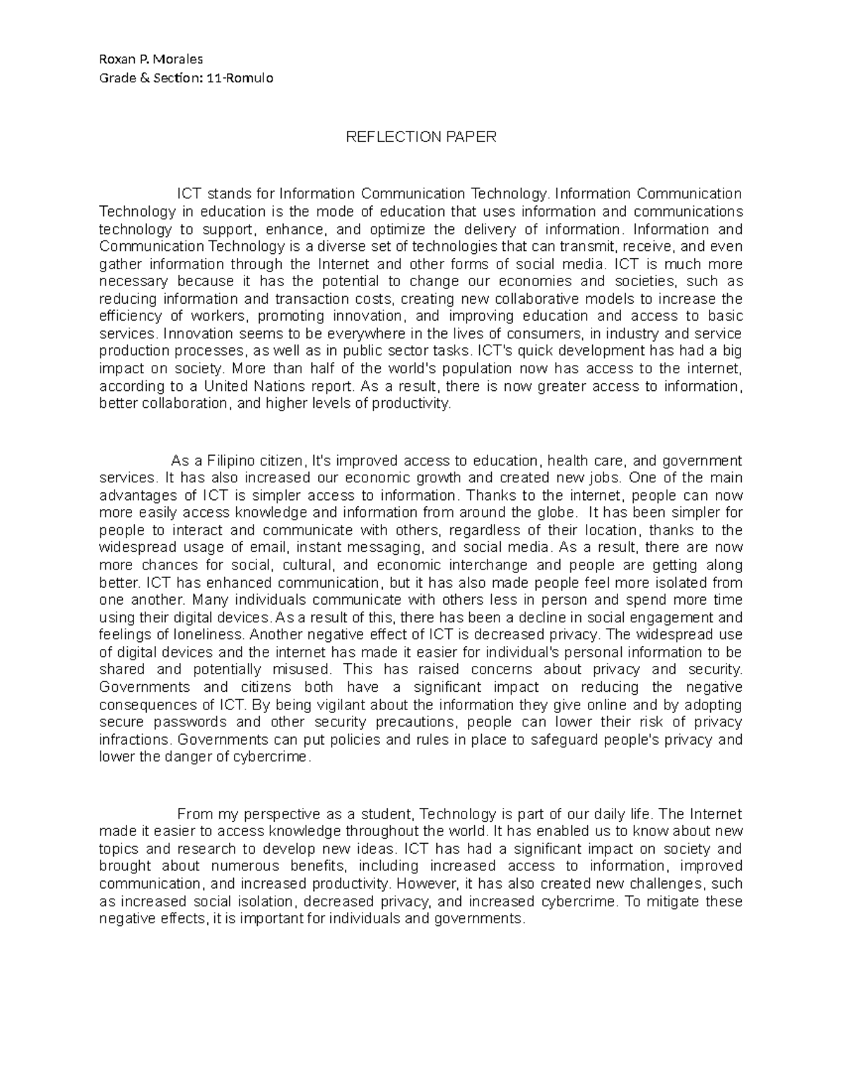Reflection PAPE1 - Roxan P. Morales Grade & Section: 11-Romulo ...