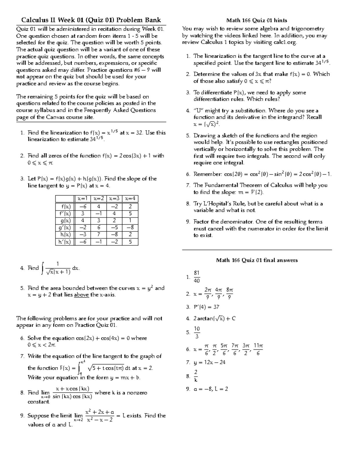 166 practice qz 01 - Calculus II pratice quiz # 1 - Calculus II Week 01 ...