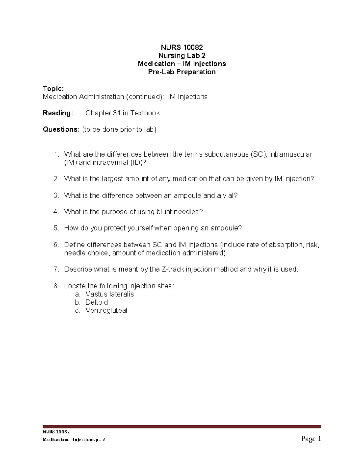 IM Injections Pre-Lab Readings - NURS 10082 Nursing Lab 2 Medication ...