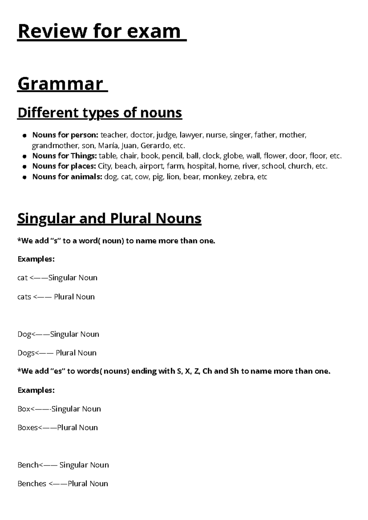 Review - resemn - Review for exam Grammar Different types of nouns ...