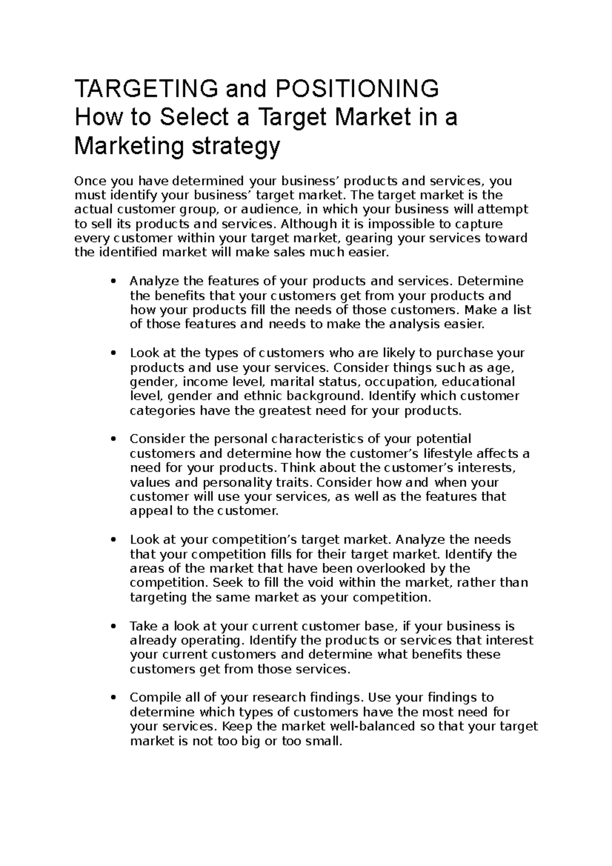 Targeting and Positioning - TARGETING and POSITIONING How to Select a ...