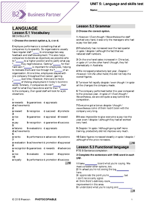 Unit Test 1 - Unit Test 1 - NEW New Language Leader Upper Intermediate ...