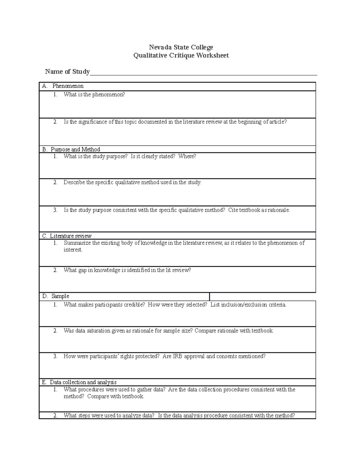 NURS 451 Qualitative Critique Worksheet - Nevada State College ...