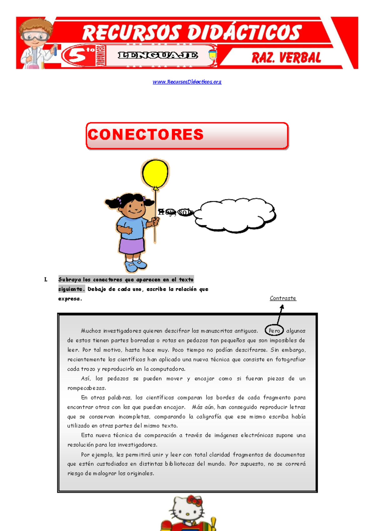 Ejercicios de los Conectores para Quinto de Secundaria - I. Subraya los ...