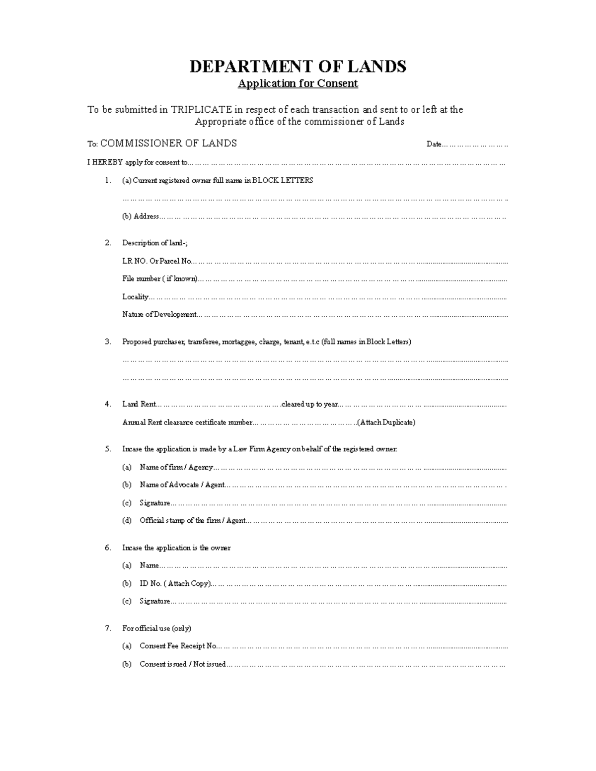 Application FOR Consent - DEPARTMENT OF LANDS Application for Consent ...