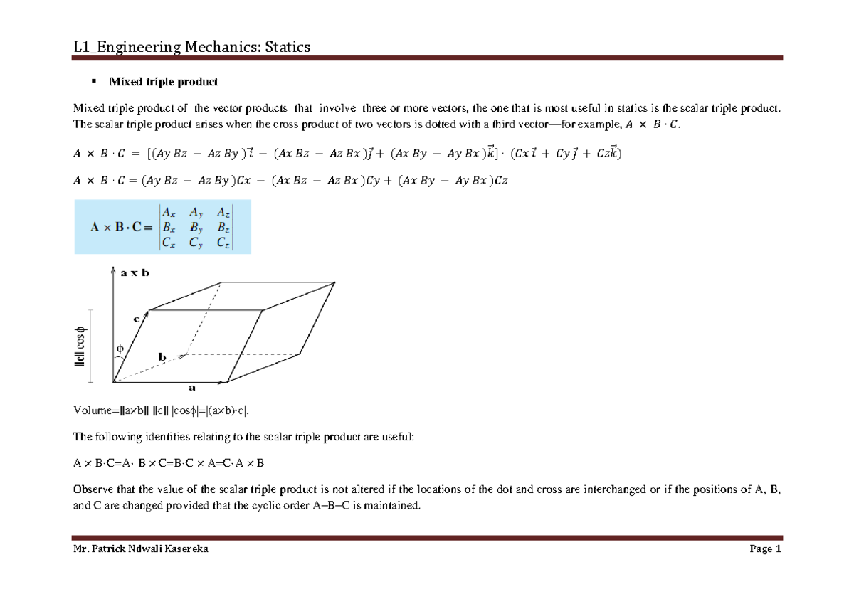 L1 Engineering Mechanics statics - Mixed triple product Mixed triple ...