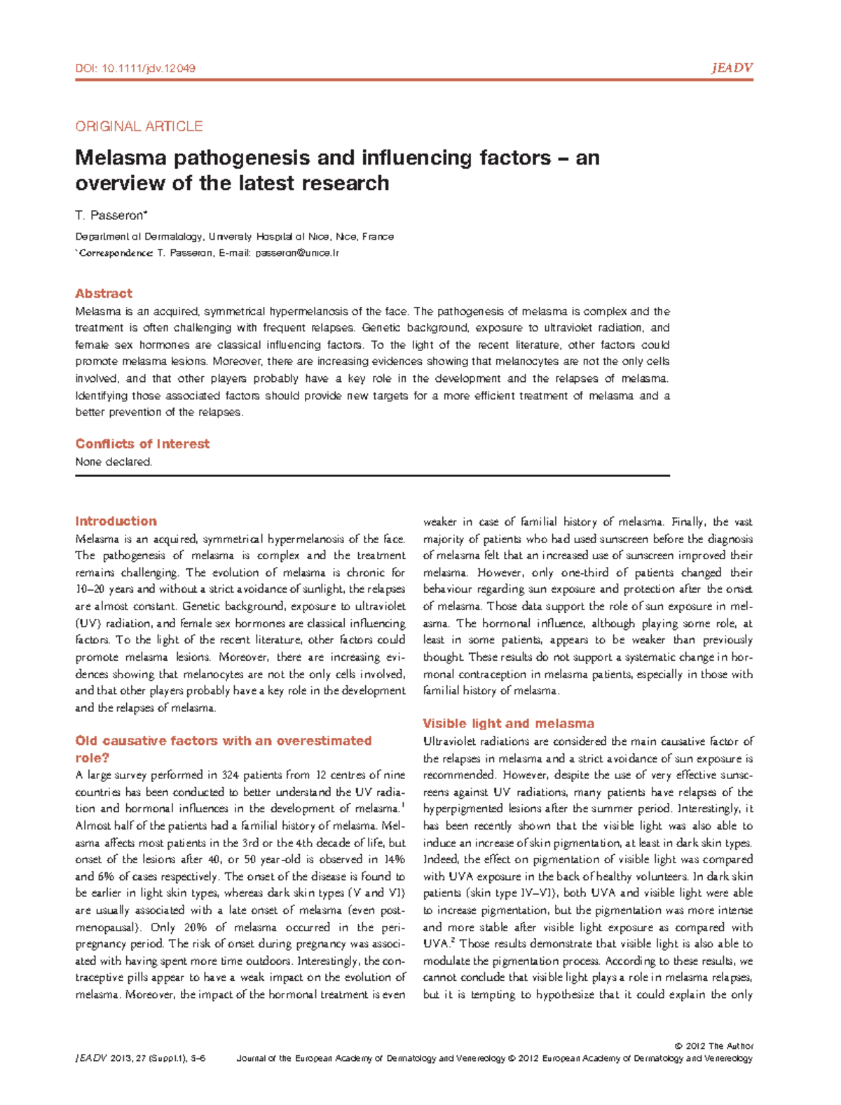 Malasma pathogenesis y factres de influencia - ORIGINAL ARTICLE Melasma ...