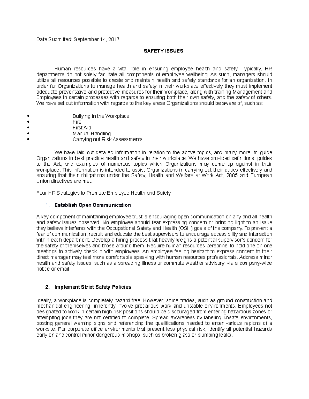 Safety Issues - Date Submitted: September 14, 2017 SAFETY ISSUES Human ...