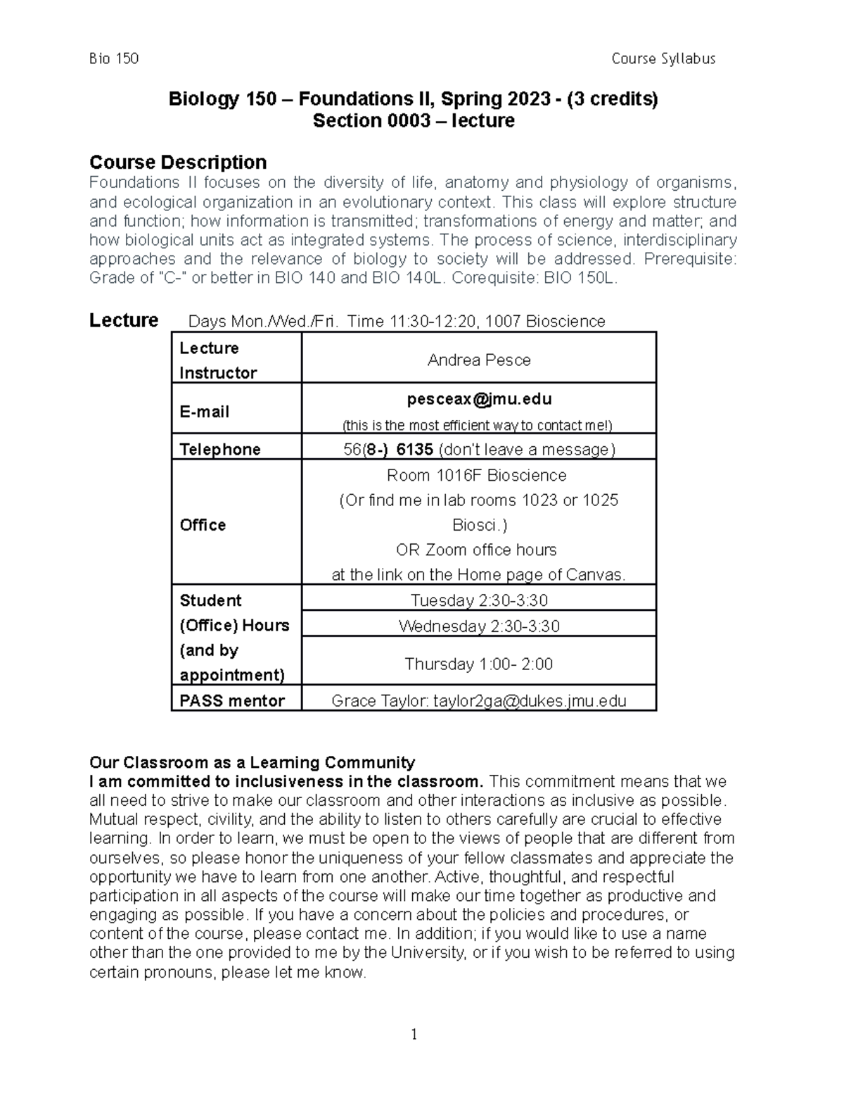 BIO 150-0003 Sp23 Pesce syllabus - Biology 150 – Foundations II, Spring ...