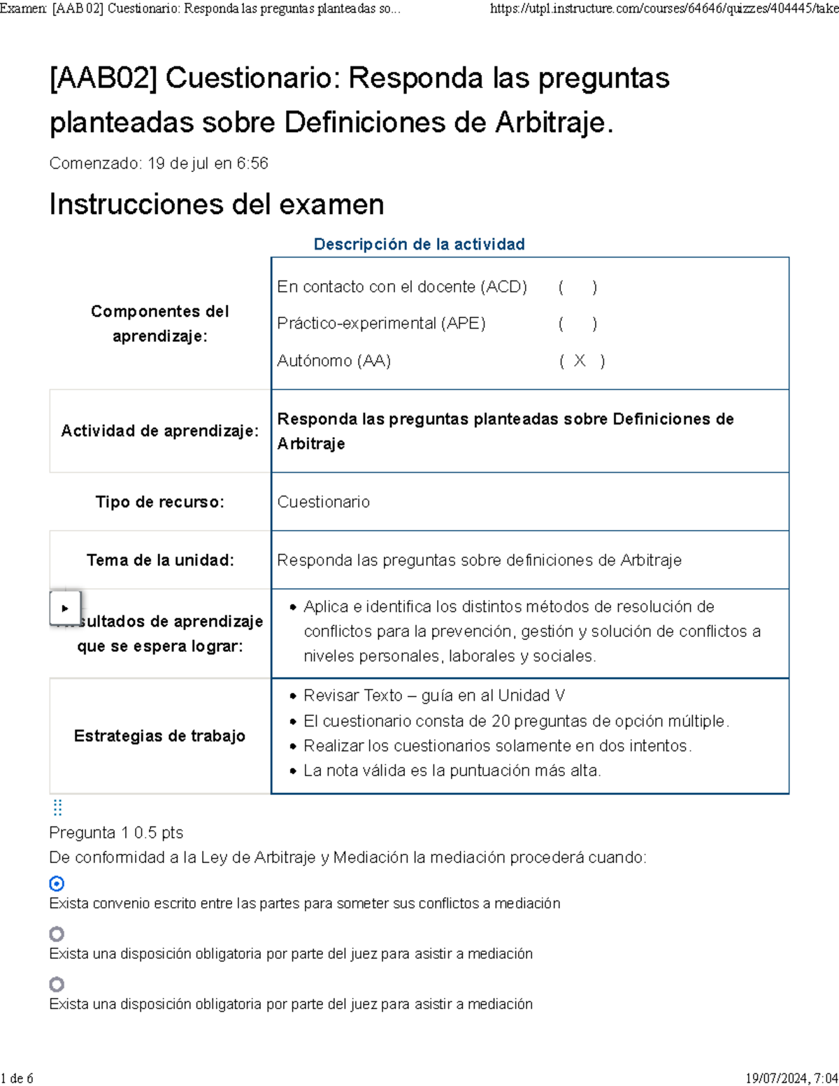 Examen [AAB02] Cuestionario Responda las preguntas planteadas sobre Definiciones de Arbitraje ...