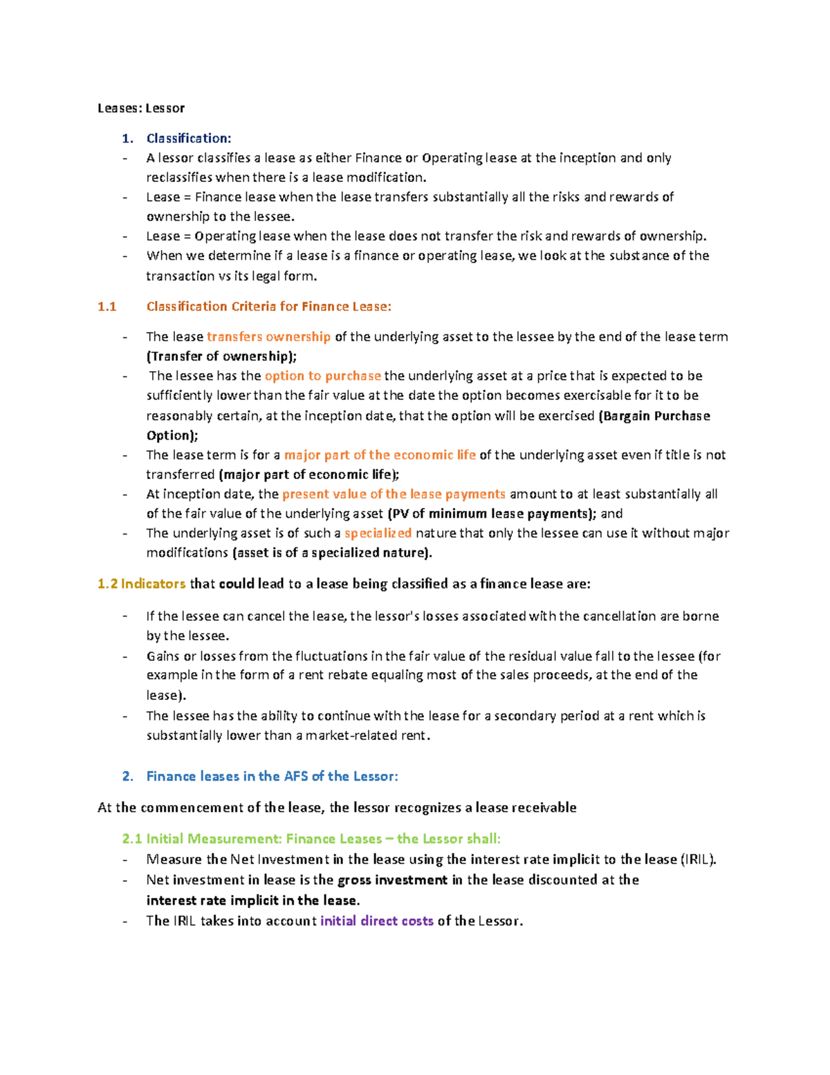 Learning Unit 2 continued - Leases: Lessor Classification: A lessor ...