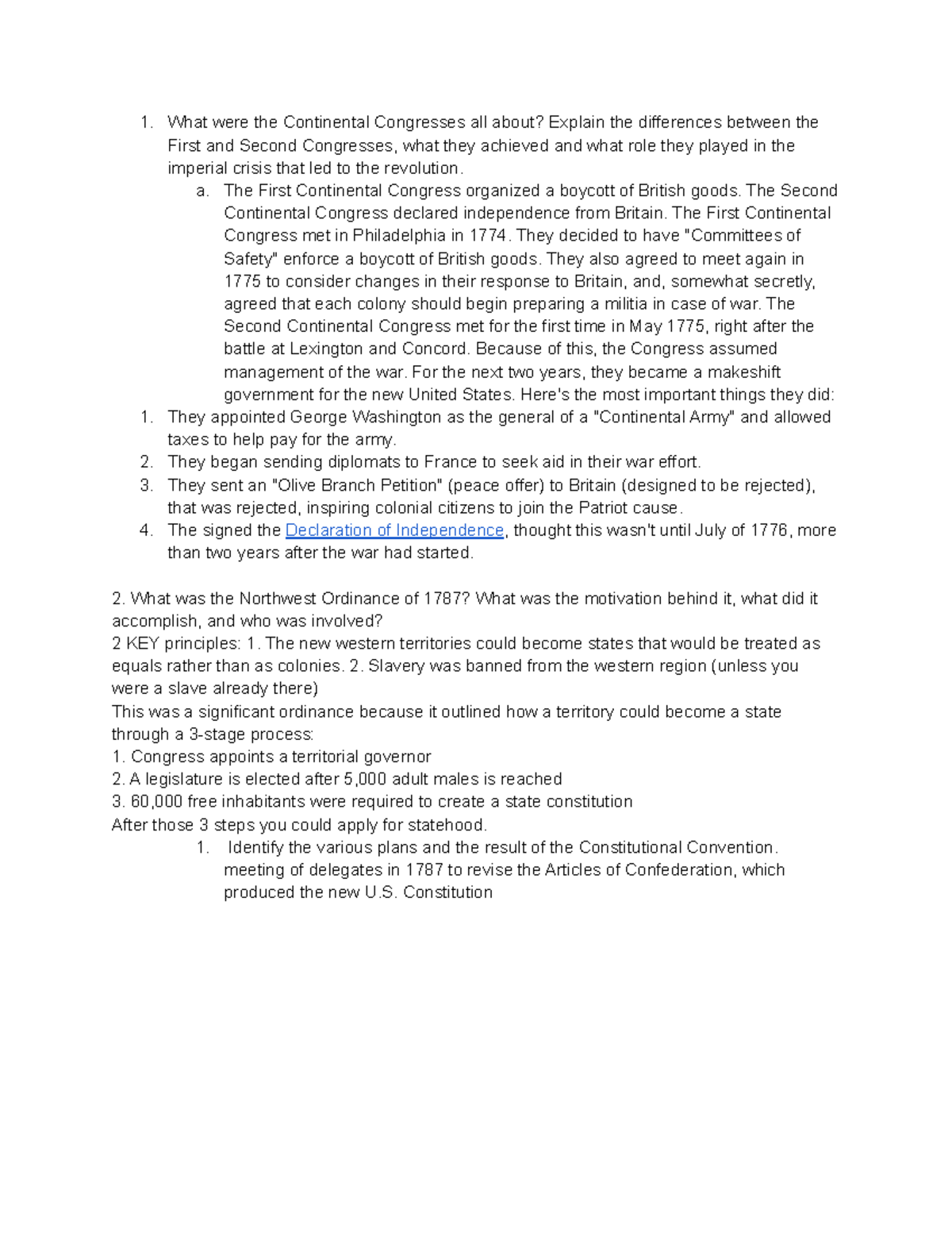 Hist exam 2 written - What were the Continental Congresses all about ...