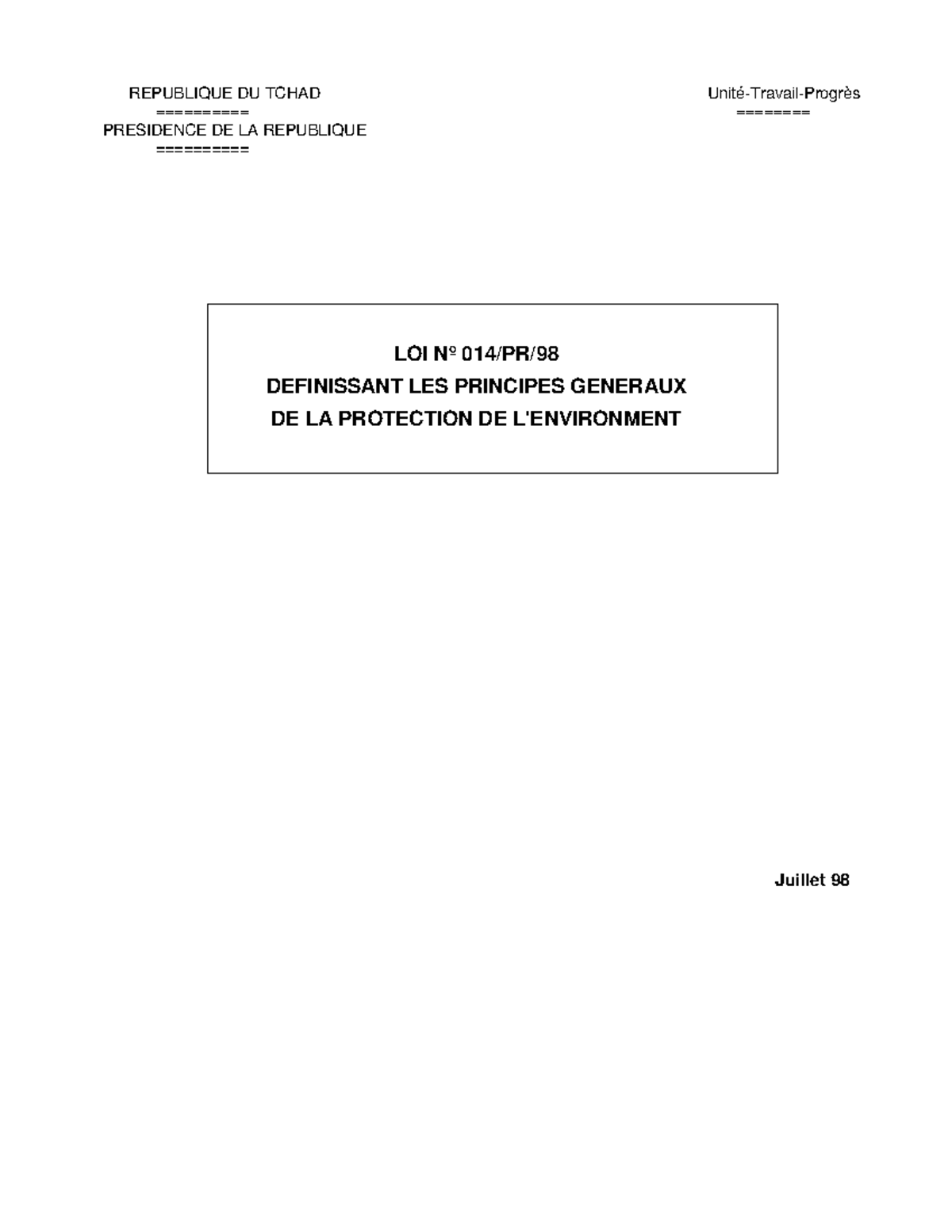 Loi 14-1998 protection de l'environnement - REPUBLIQUE DU TCHAD Unité ...
