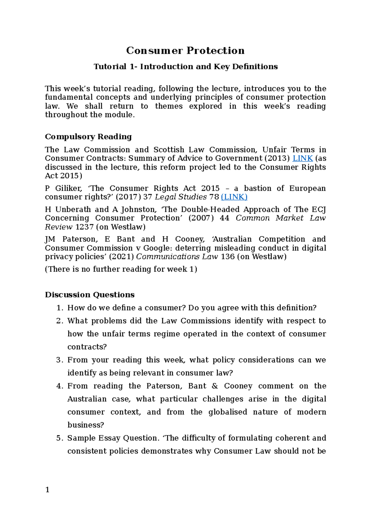 Tutorial 1 - Introduction and Definitions - Consumer Protection ...