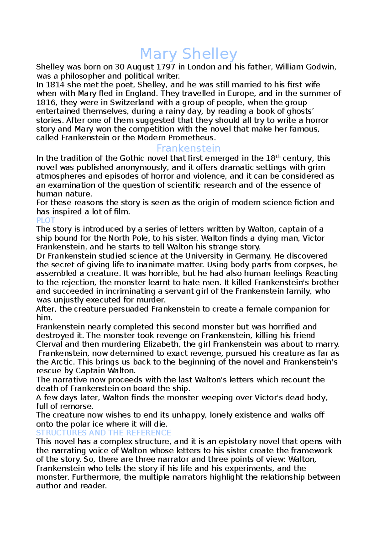 Mary Shelley - riassunto - Mary Shelley Shelley was born on 30 August ...