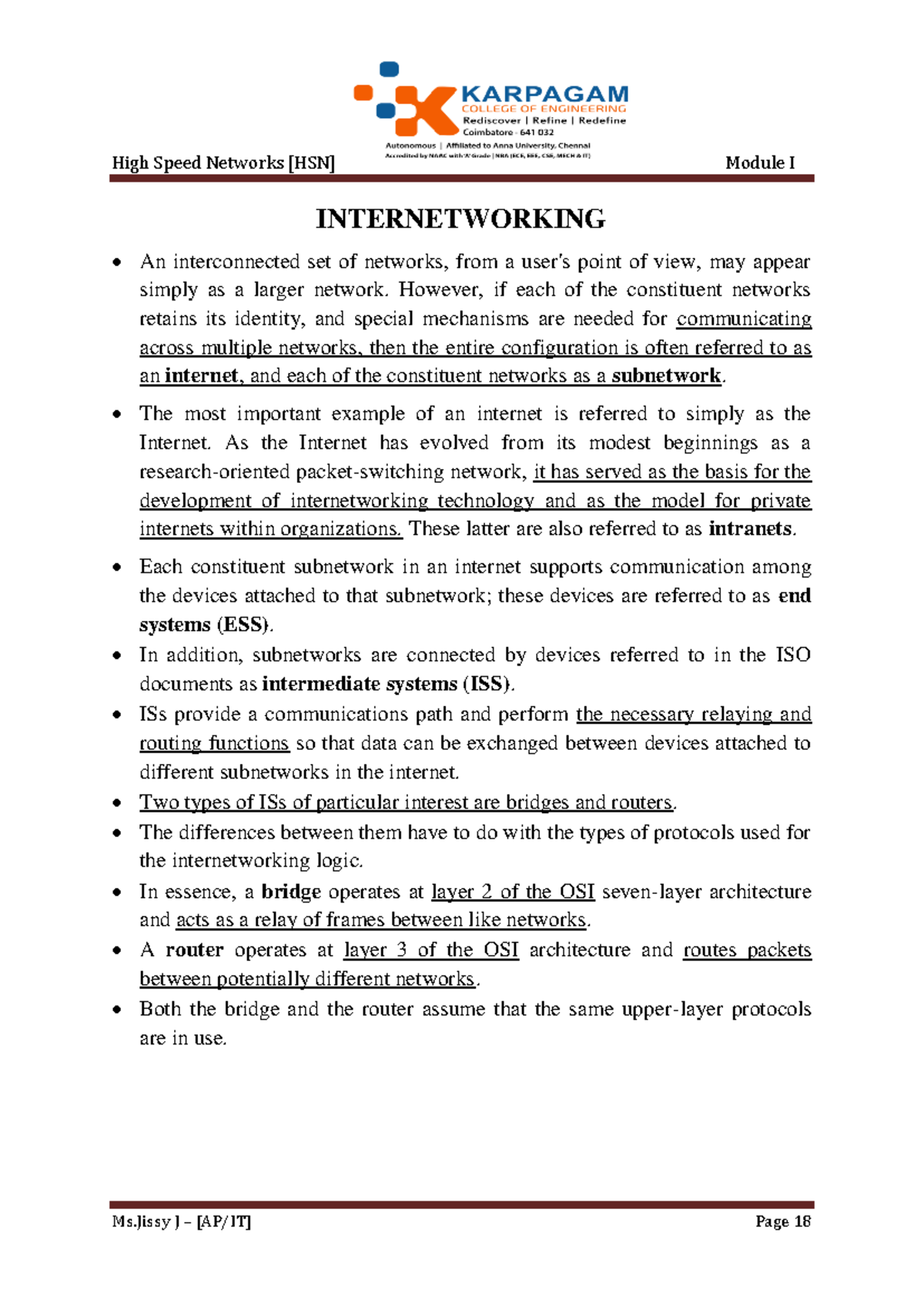 1.6 - Notes - INTERNETWORKING An interconnected set of networks, from a ...