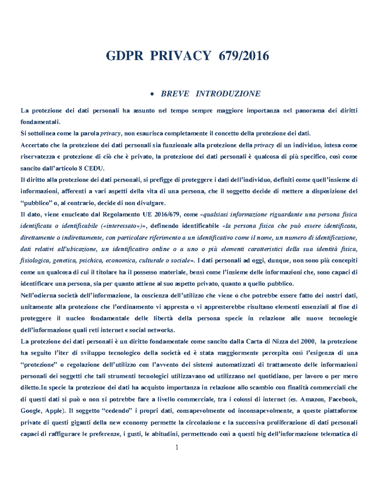 DISCIPLINA GDPR PRIVACY 679/2016 (SUNTO) - GDPR PRIVACY BREVE ...