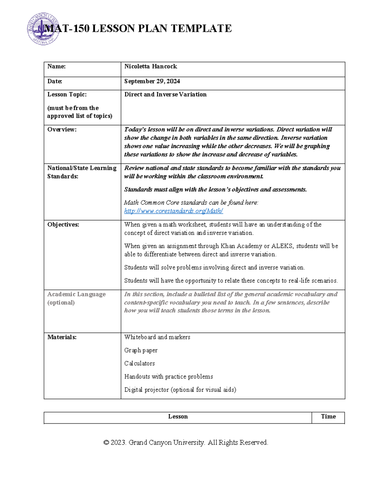 MAT-150 Lesson Plan Template - MAT-150 LESSON PLAN TEMPLATE Name ...