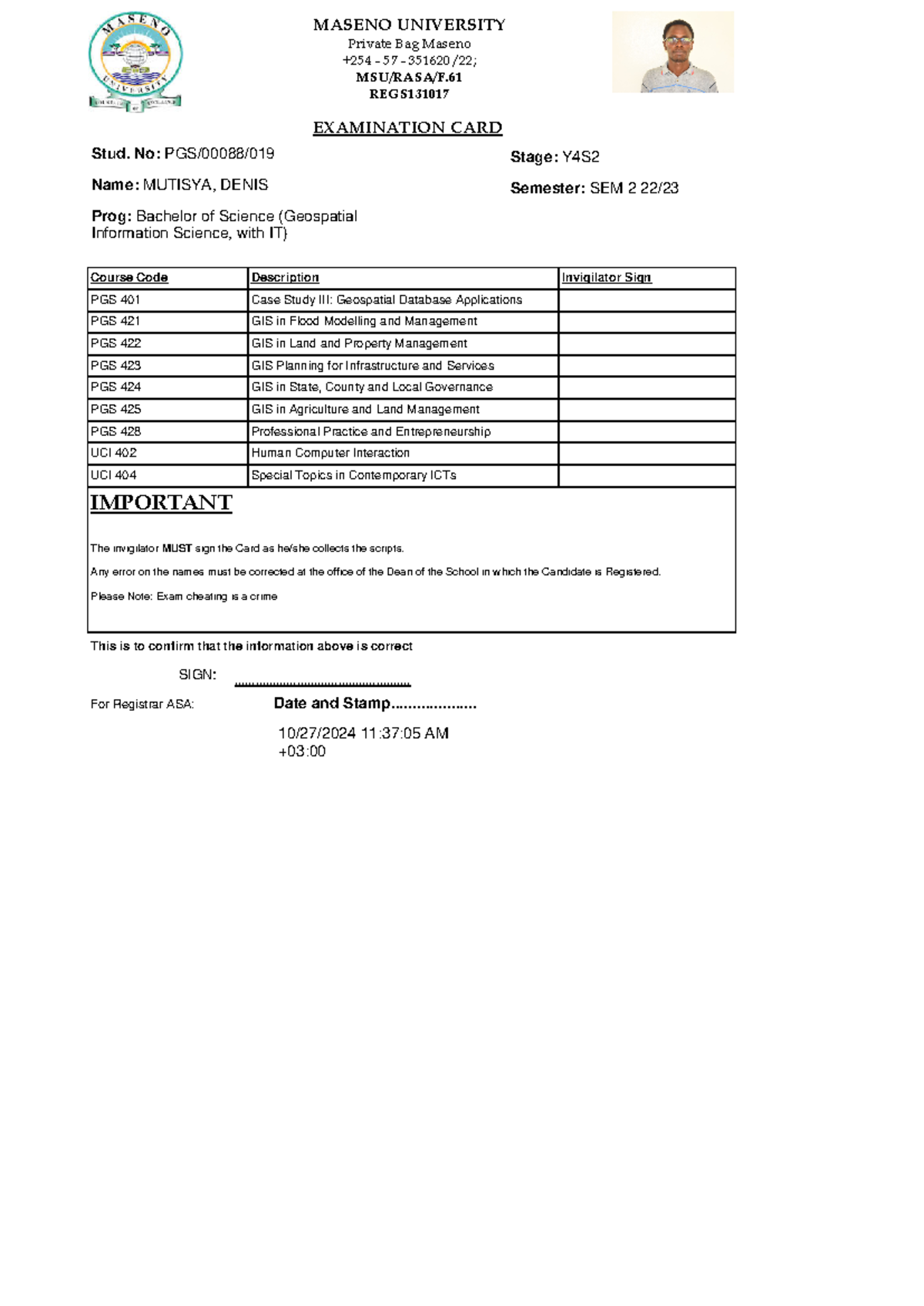 Exam Card-PGS00088019 - Course Code Description Invigilator Sign PGS ...